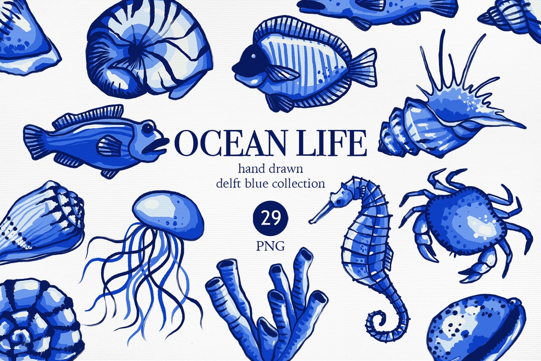 Undersea Ocean Life Clipart, Sea Life Clipart, Nautical Delft Blue ...
