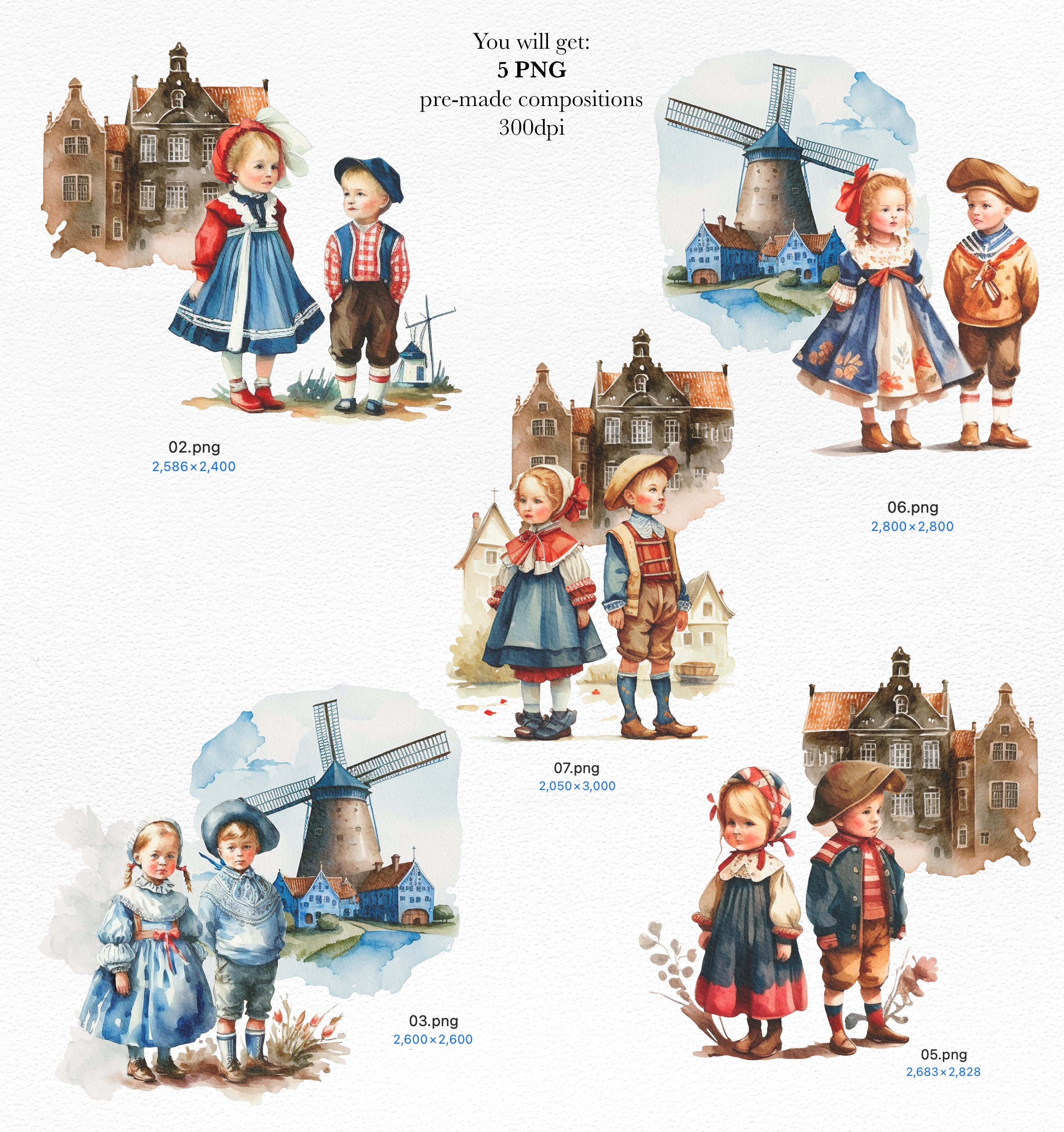 Dutch Vintage Kids Watercolor Clipart Delft Blue Clipart Amsterdam ...