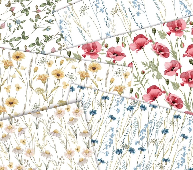 Wildflower Digital Paper Set, Meadow Floral, Botanical Prints (digital ...