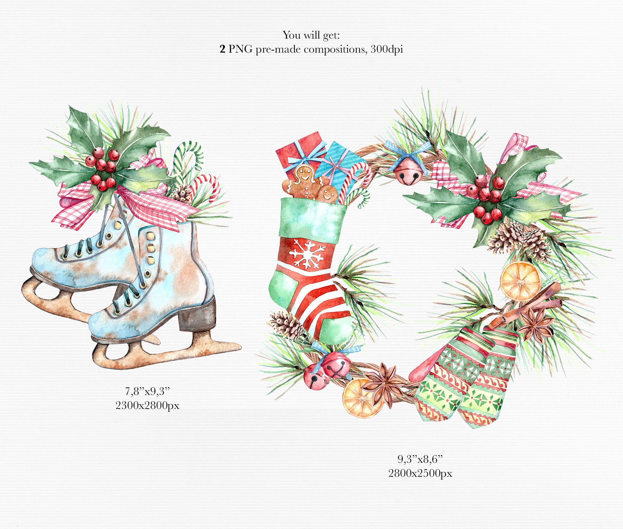 Watercolor Christmas Clip Art, Christmas Holiday Clipart, Wreath, Pine ...