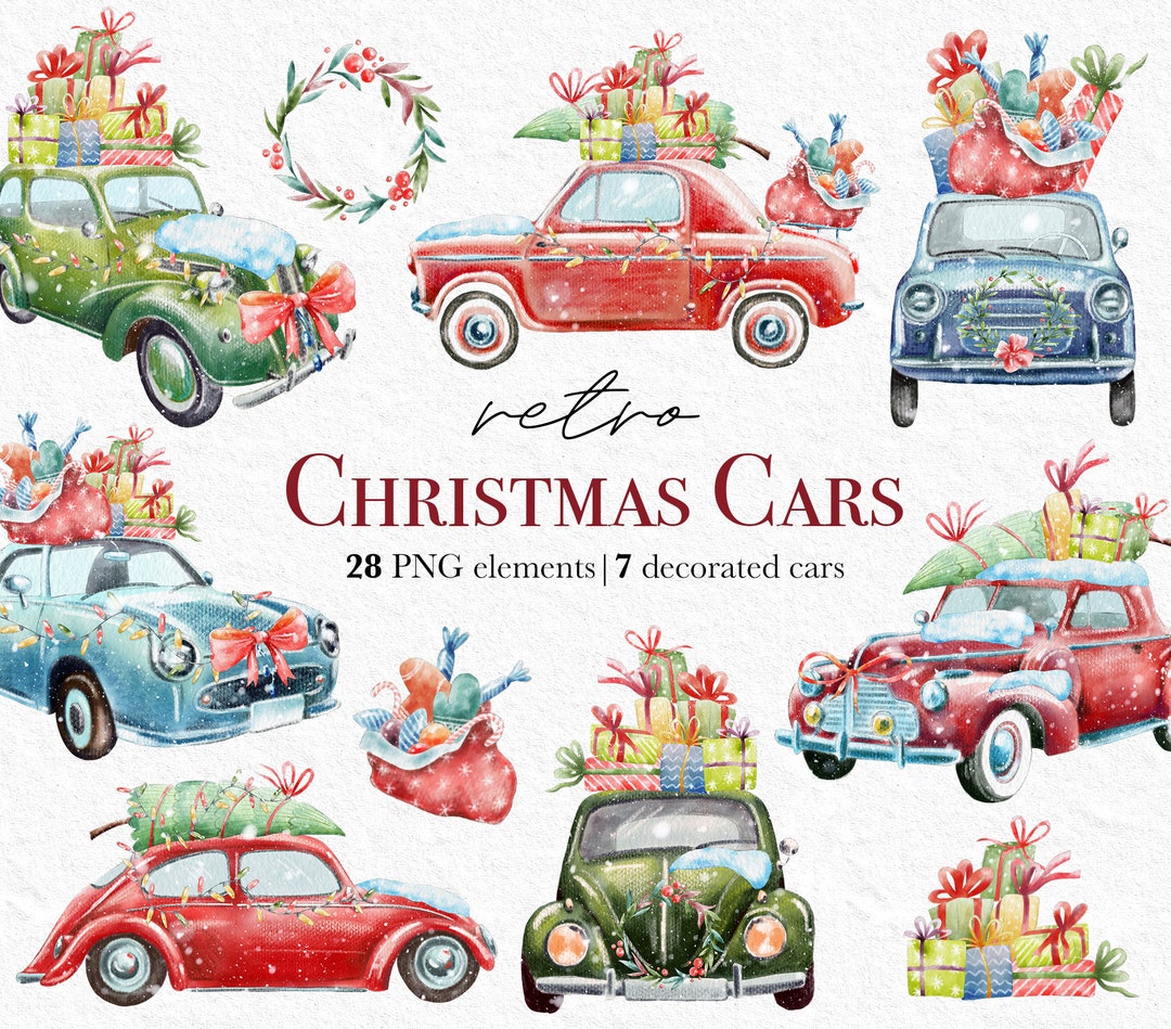 Retro Christmas Car Clipart – Holiday Truck PNG Graphics (digital ...