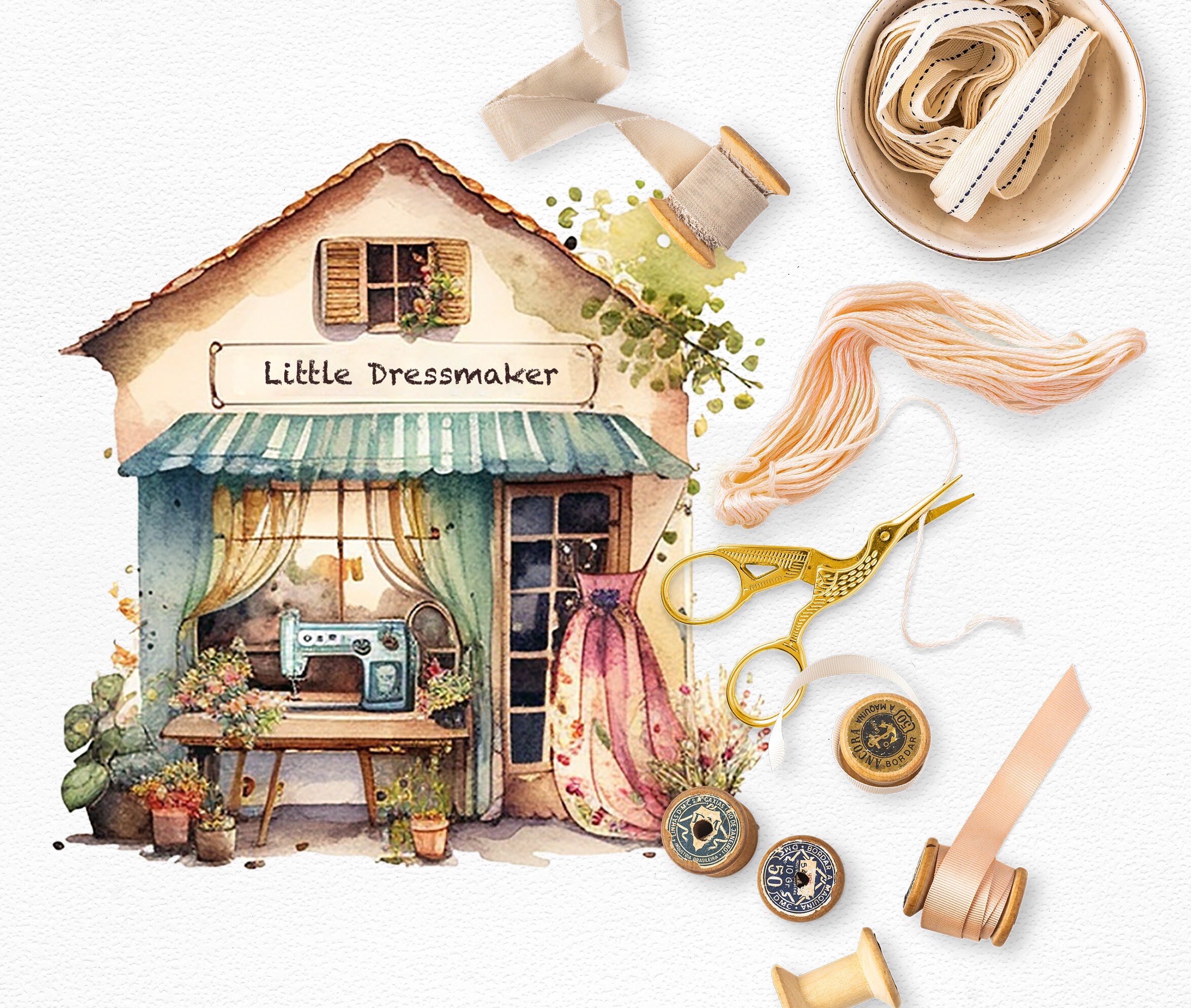 Watercolor Sewing Clipart Sewing Workshops Sewing Houses Dressmaker ...