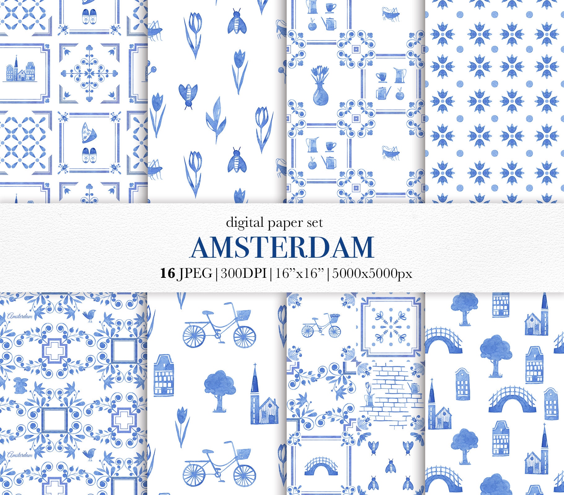 Delft Blue Dutch Tiles Paper Set, Dutch Watercolor Digital Paper ...