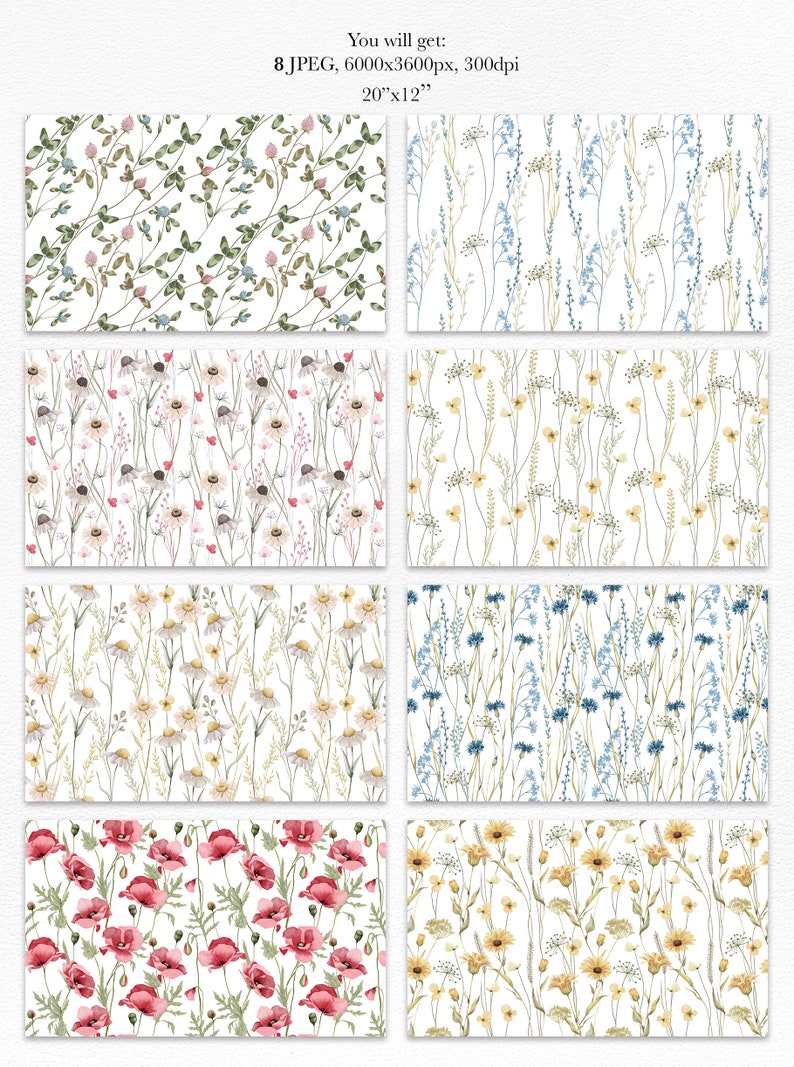 Wildflower Digital Paper Set, Meadow Floral, Botanical Prints (digital ...