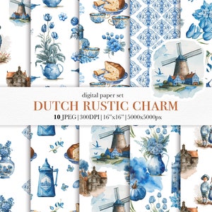 Delft Blue Vintage Dutch Paper Set, Dutch Watercolor Digital Paper ...