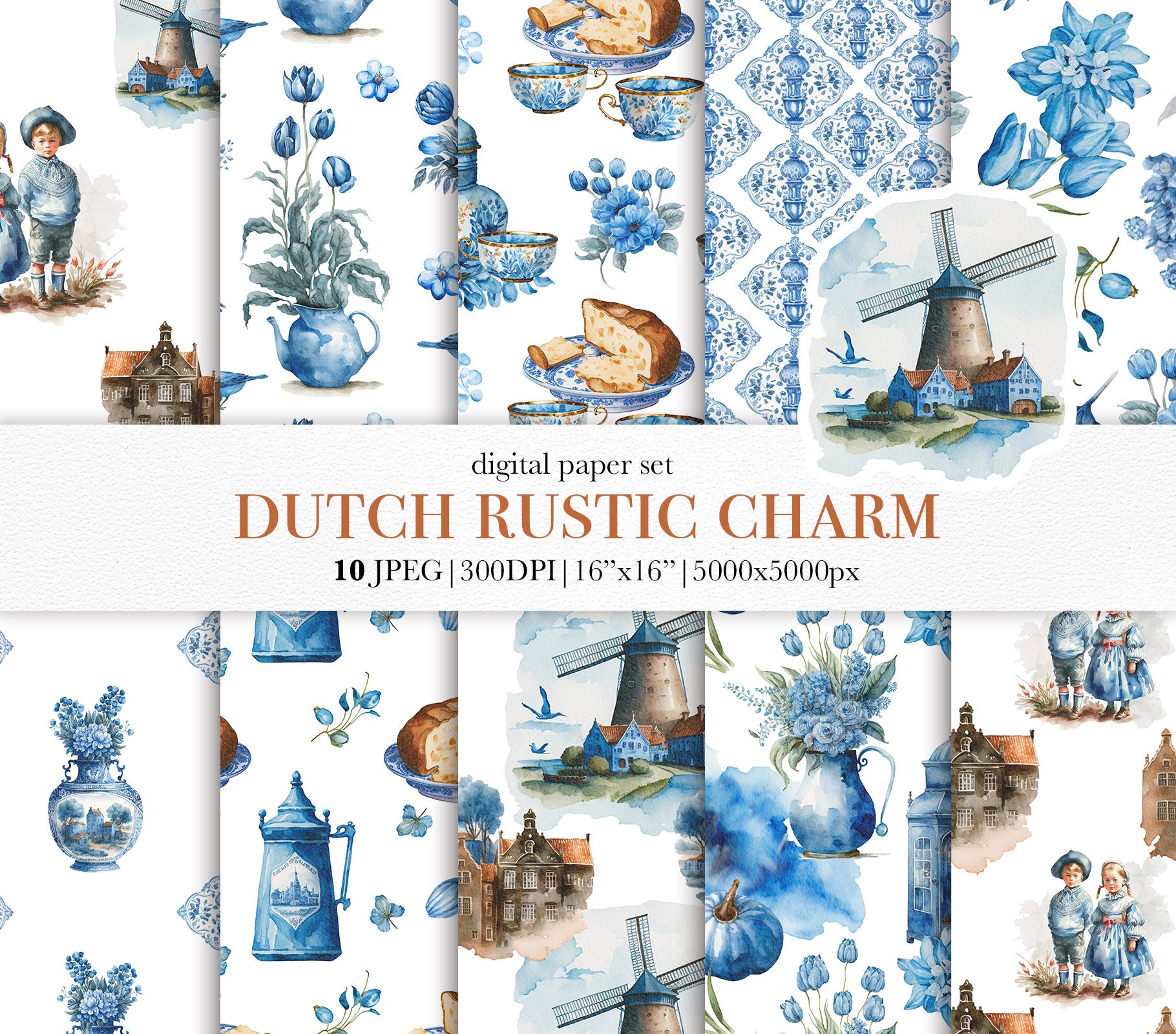 Delft Blue Vintage Dutch Paper Set, Dutch Watercolor Digital Paper ...