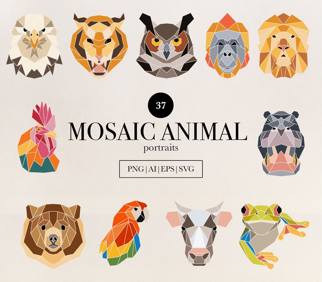 Geometric Animal Faces Clipart Set – 37 Mosaic Wildlife and Domestic ...