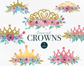 Watercolor Princess Crown Clipart, Floral Golden Crowns (PNG) - Etsy