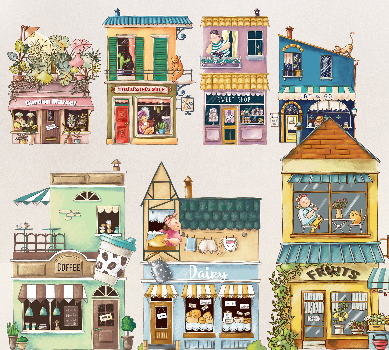 City Shops Clipart Bundle – Watercolor Town Graphics (PNG) - Etsy