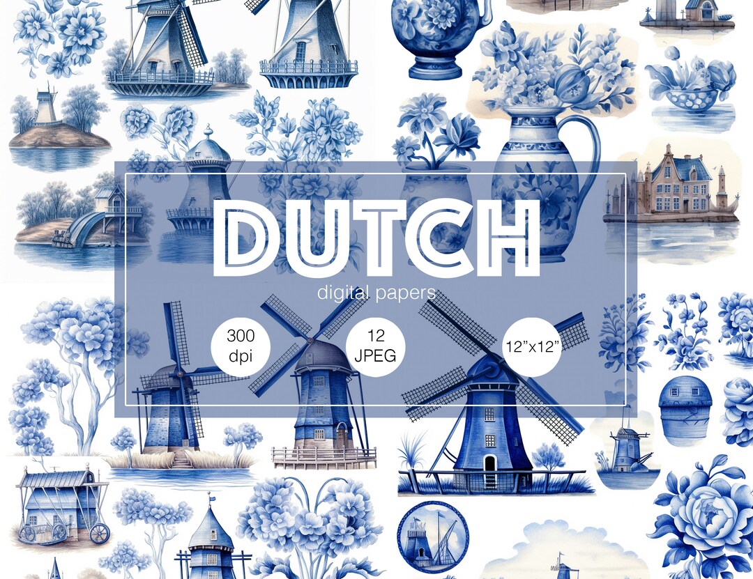Dutch Delft Blue Digital Paper, Holland Windmill, Landscape, Dutch ...
