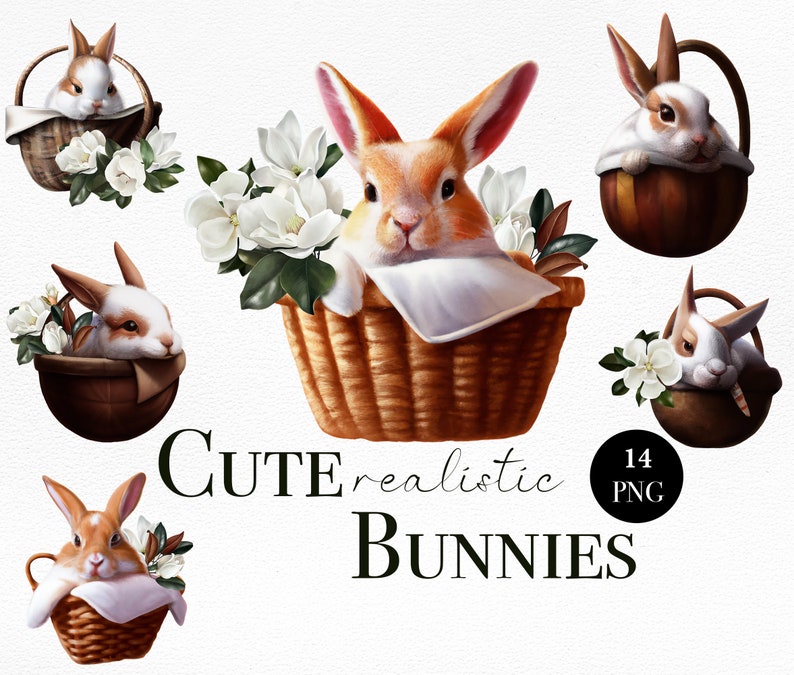 Cute Realistic Bunny Clipart Bunnies With Flowers Spring - Etsy