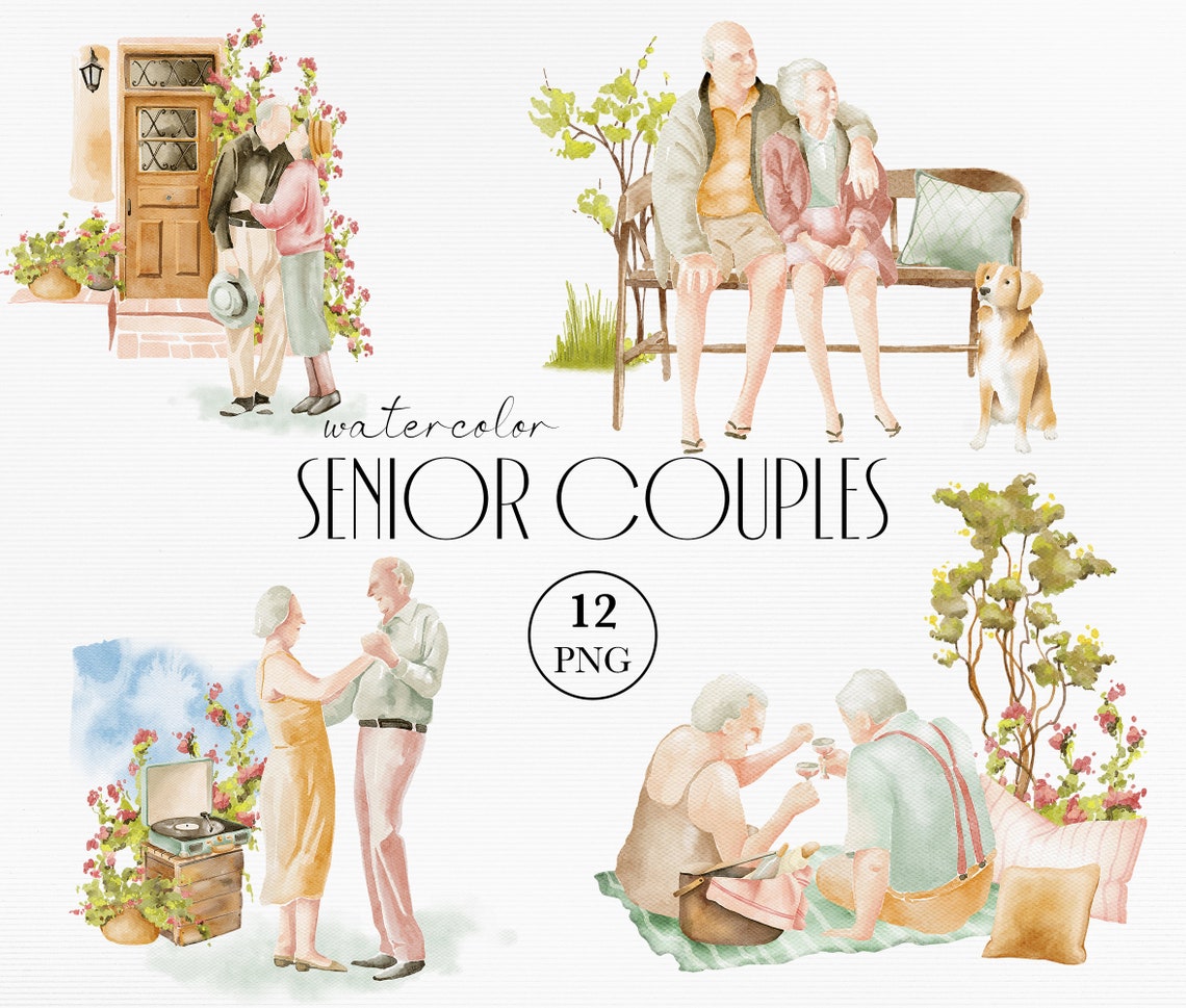 Senior Couples Watercolor Clipart - PNG - Elderly Couple - Grandpa and ...