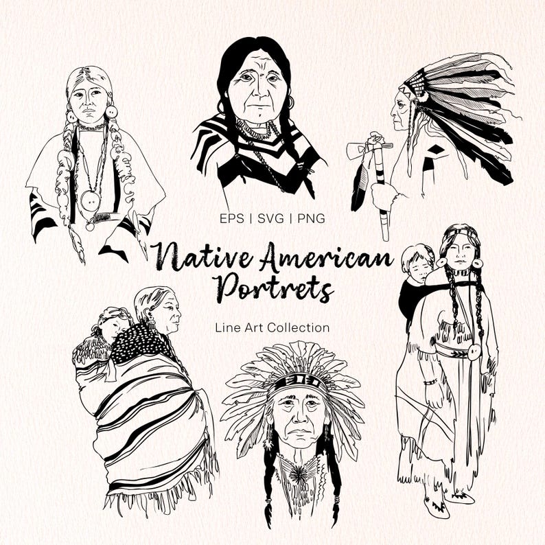 Native American Line Art Portraits, Tribal Sketch Graphics (PNG, SVG ...