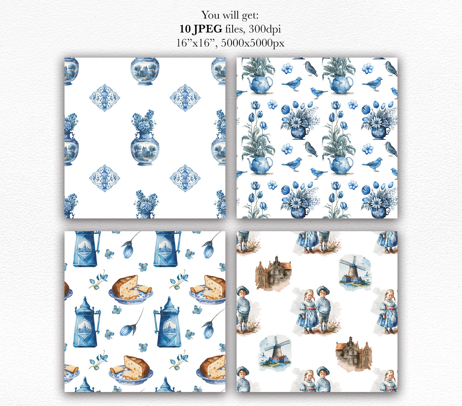 Delft Blue Vintage Dutch Paper Set, Dutch Watercolor Digital Paper ...