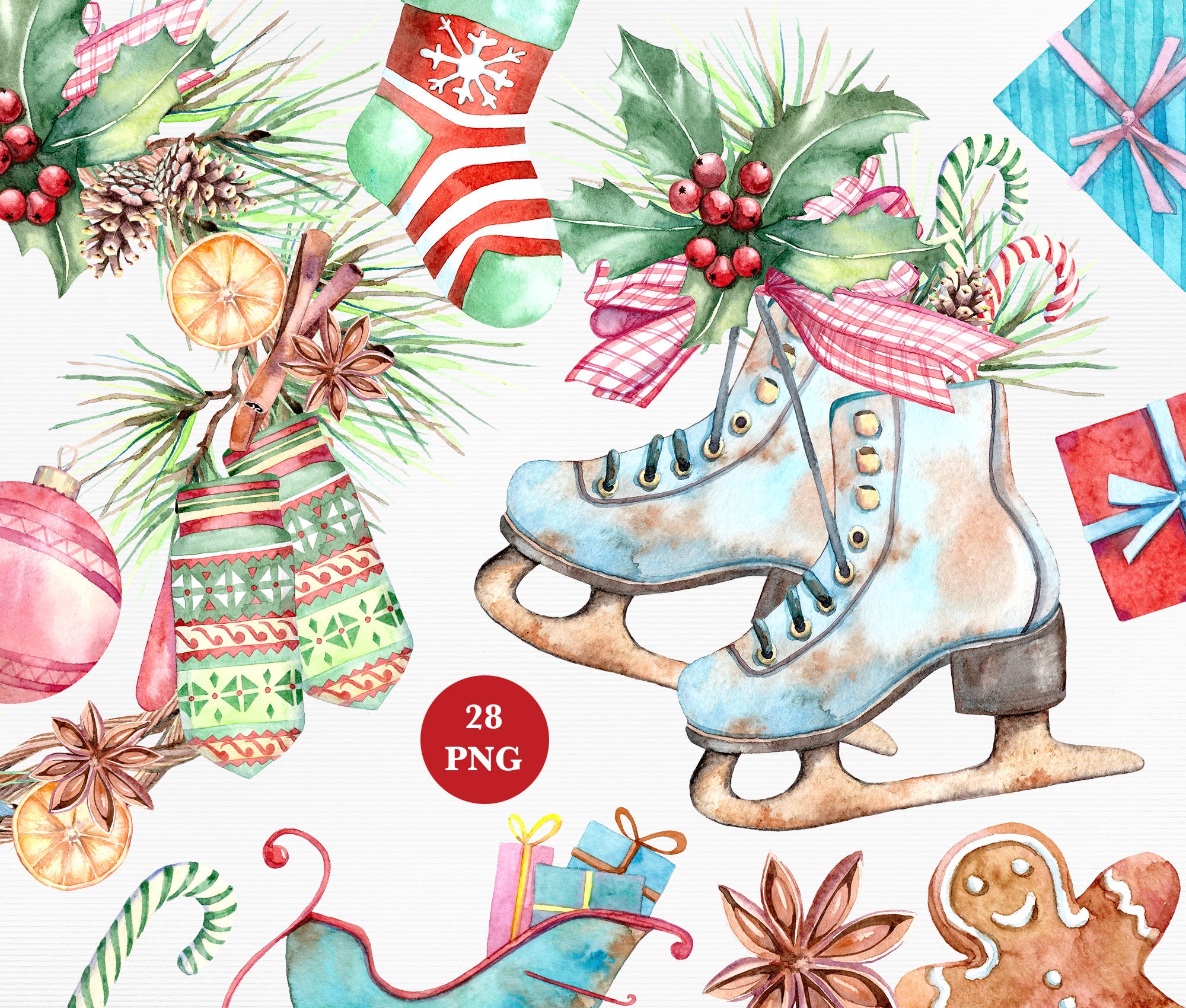 Watercolor Christmas Clip Art, Christmas Holiday Clipart, Wreath, Pine ...