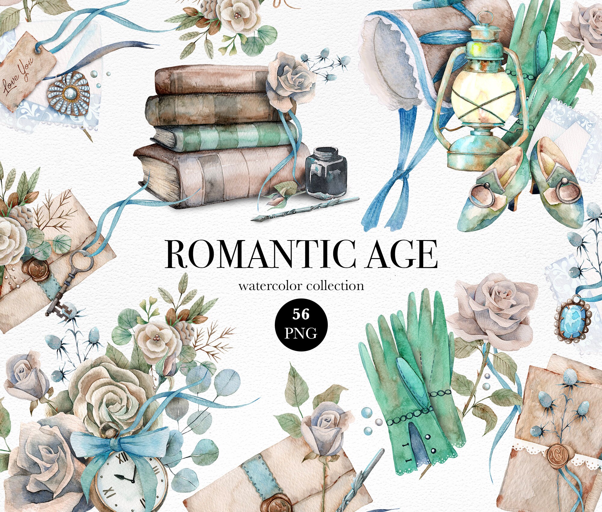 Romantic Age Watercolor Clipart, Vintage Watercolor, Antique Watercolor ...