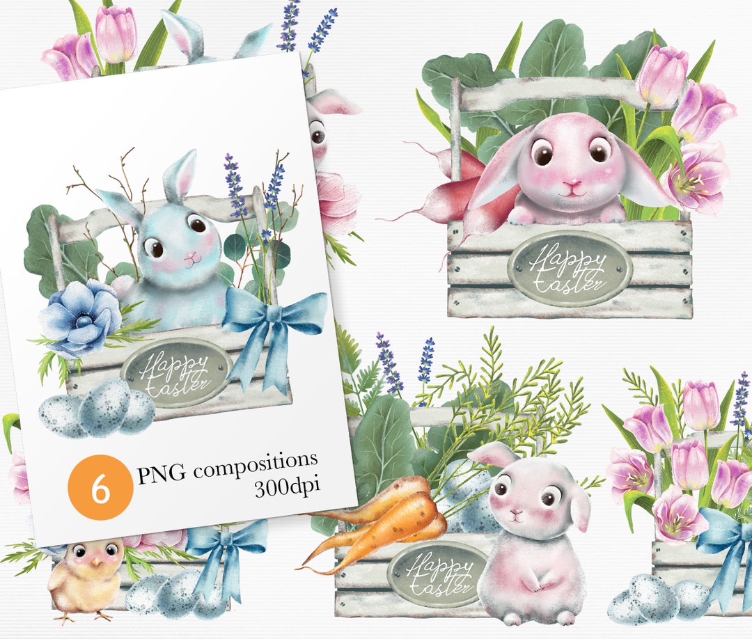 Easter Bunny Clipart – Spring Flowers, Rabbits, Chickens (PNG) - Etsy