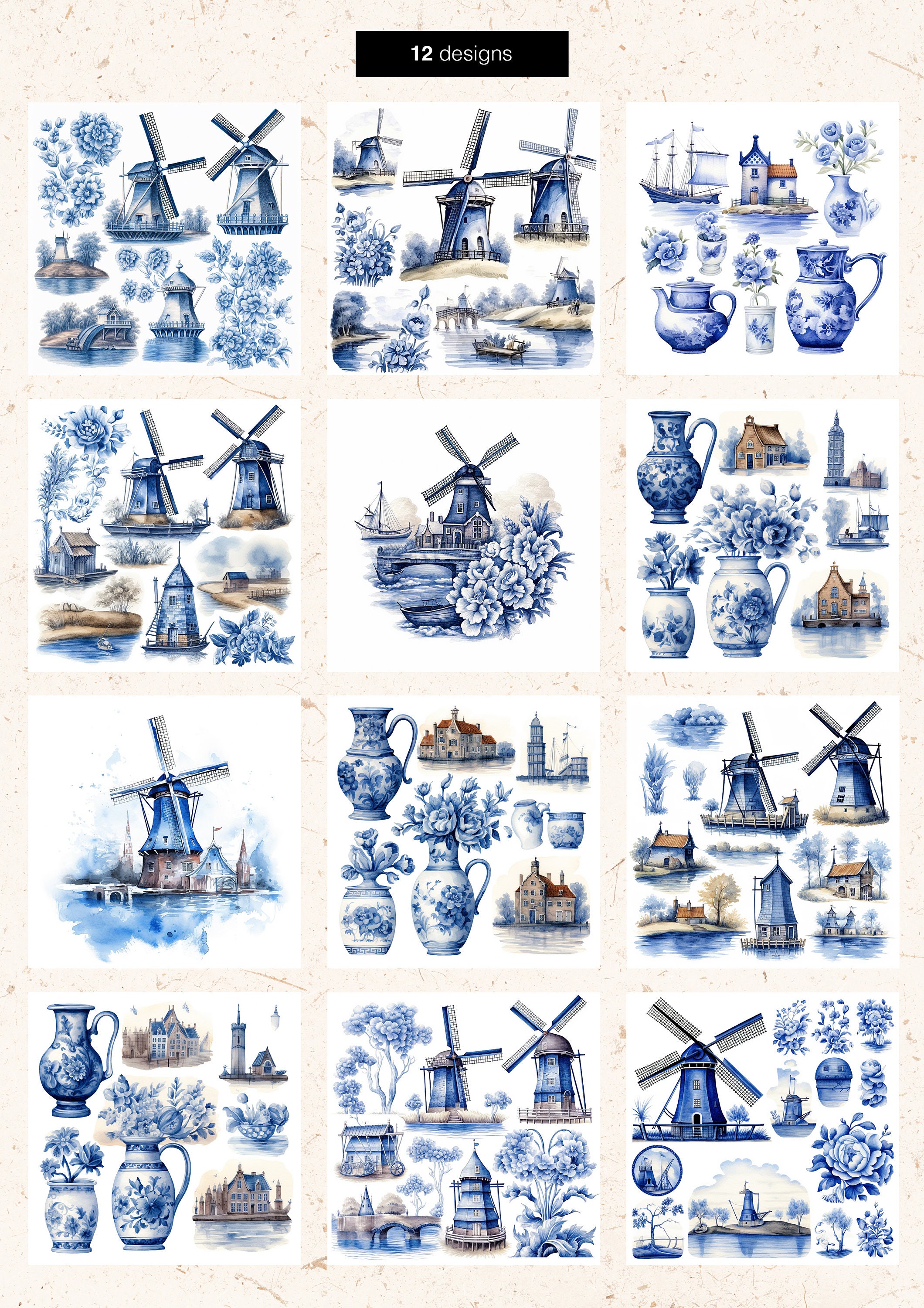 Dutch Delft Blue Digital Paper, Holland Windmill, Landscape, Dutch ...