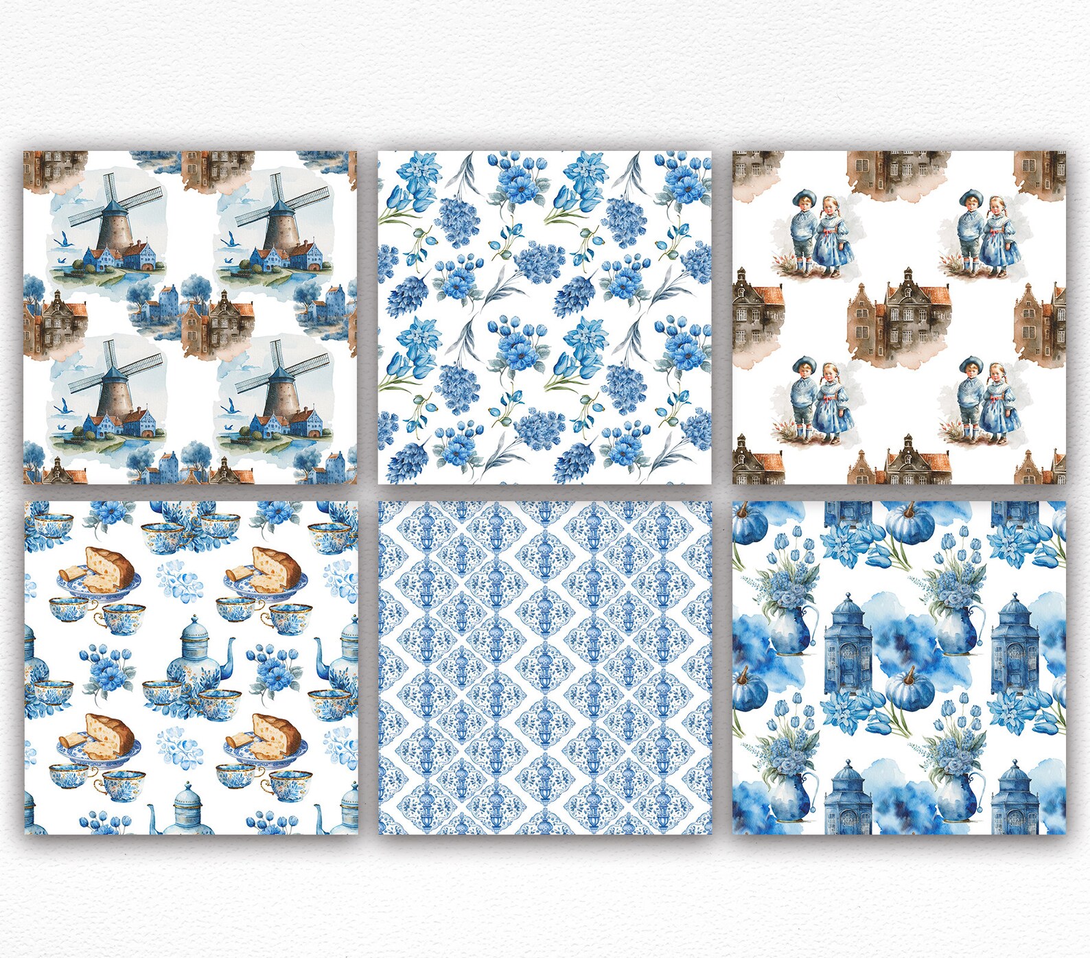 Delft Blue Vintage Dutch Paper Set, Dutch Watercolor Digital Paper ...
