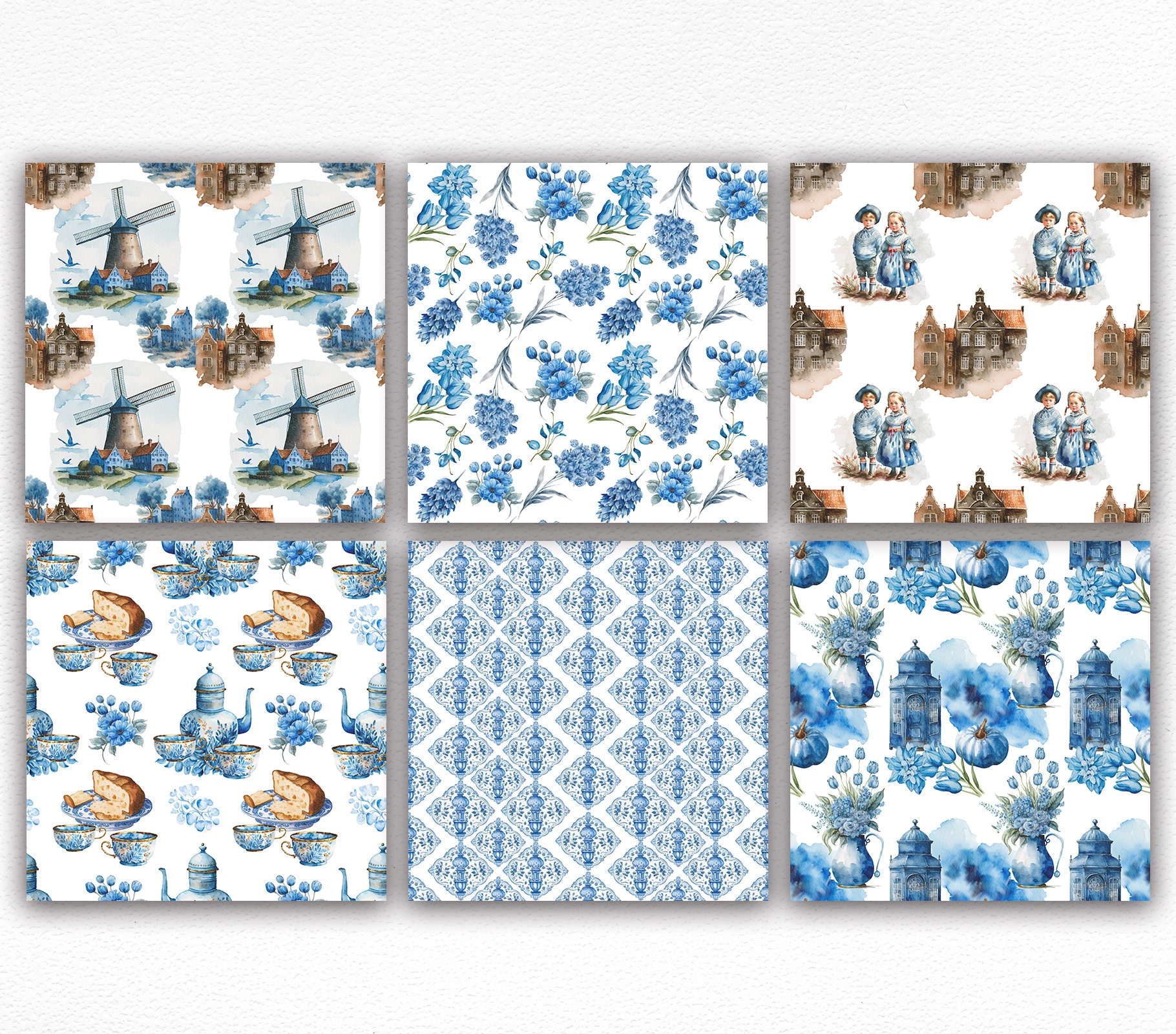Delft Blue Vintage Dutch Paper Set, Dutch Watercolor Digital Paper ...