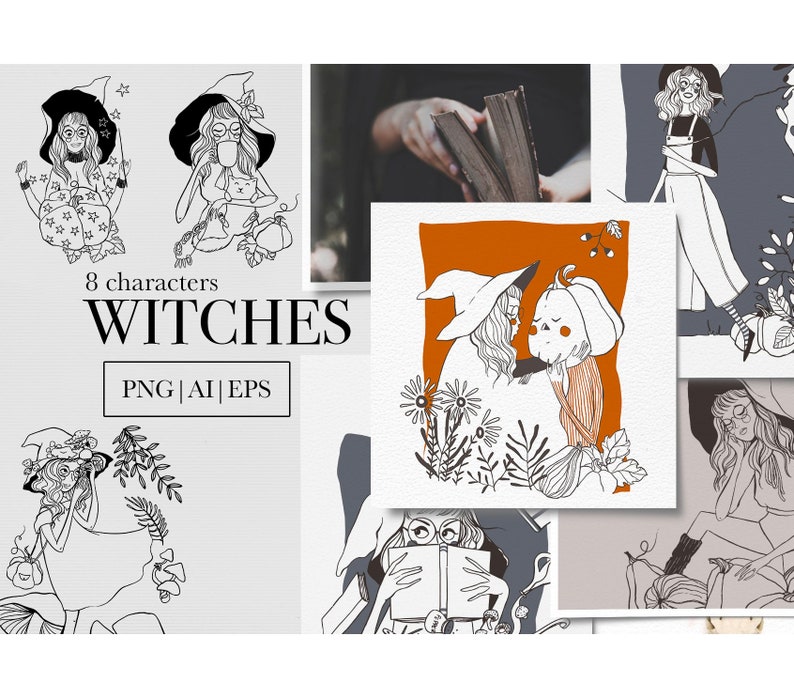 Cute Witch Clip Art Set – Hand-drawn Halloween Illustrations (PNG, EPS ...