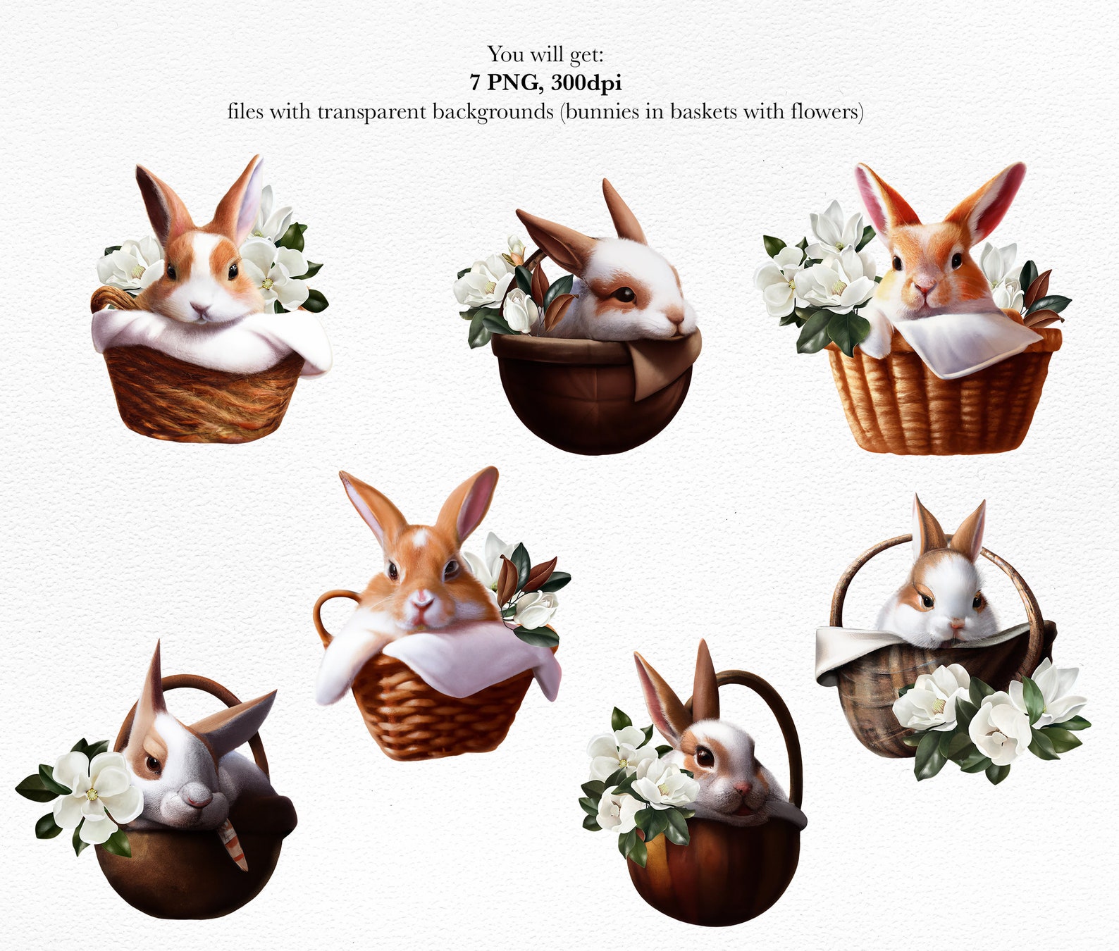 Cute Realistic Bunny Clipart Bunnies With Flowers Spring - Etsy