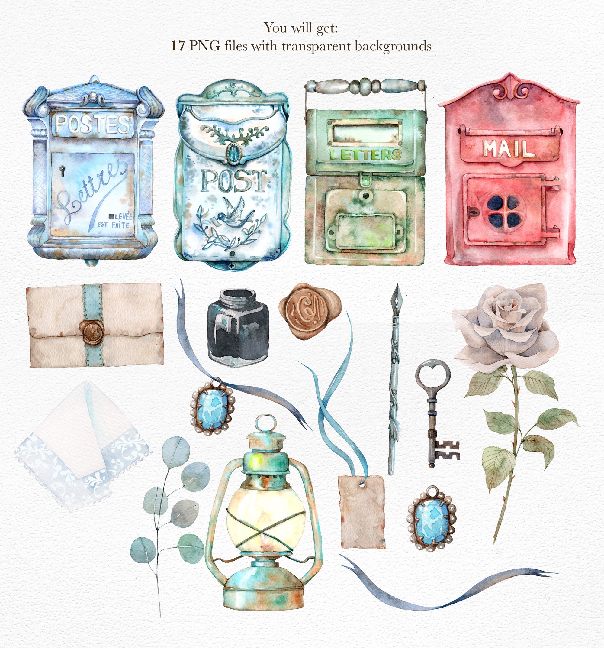 Watercolor Post Office Clip Art, Vintage Mailbox Clipart, Letter, Stamp ...