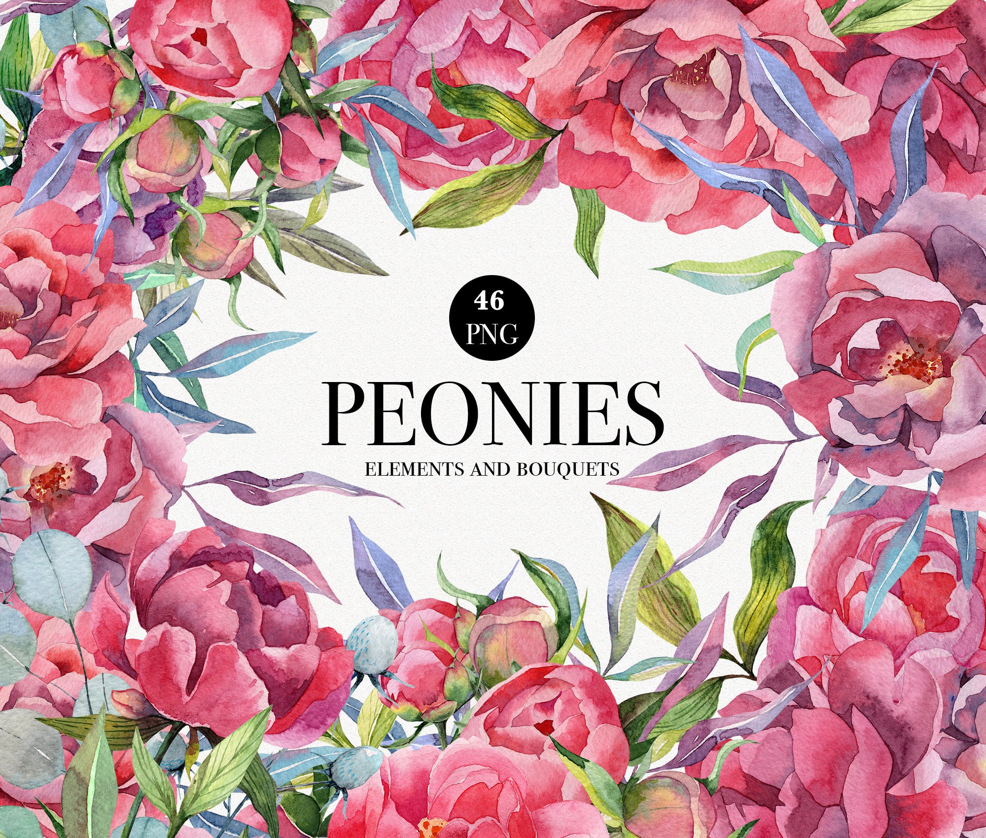 Watercolor Peony Clip Art - Watercolor Botanical Clip Art - Foliage ...