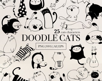 Doodle Cats Outline Clipart Cats Characters PNG, EPS, AI, Svg, Cats ...