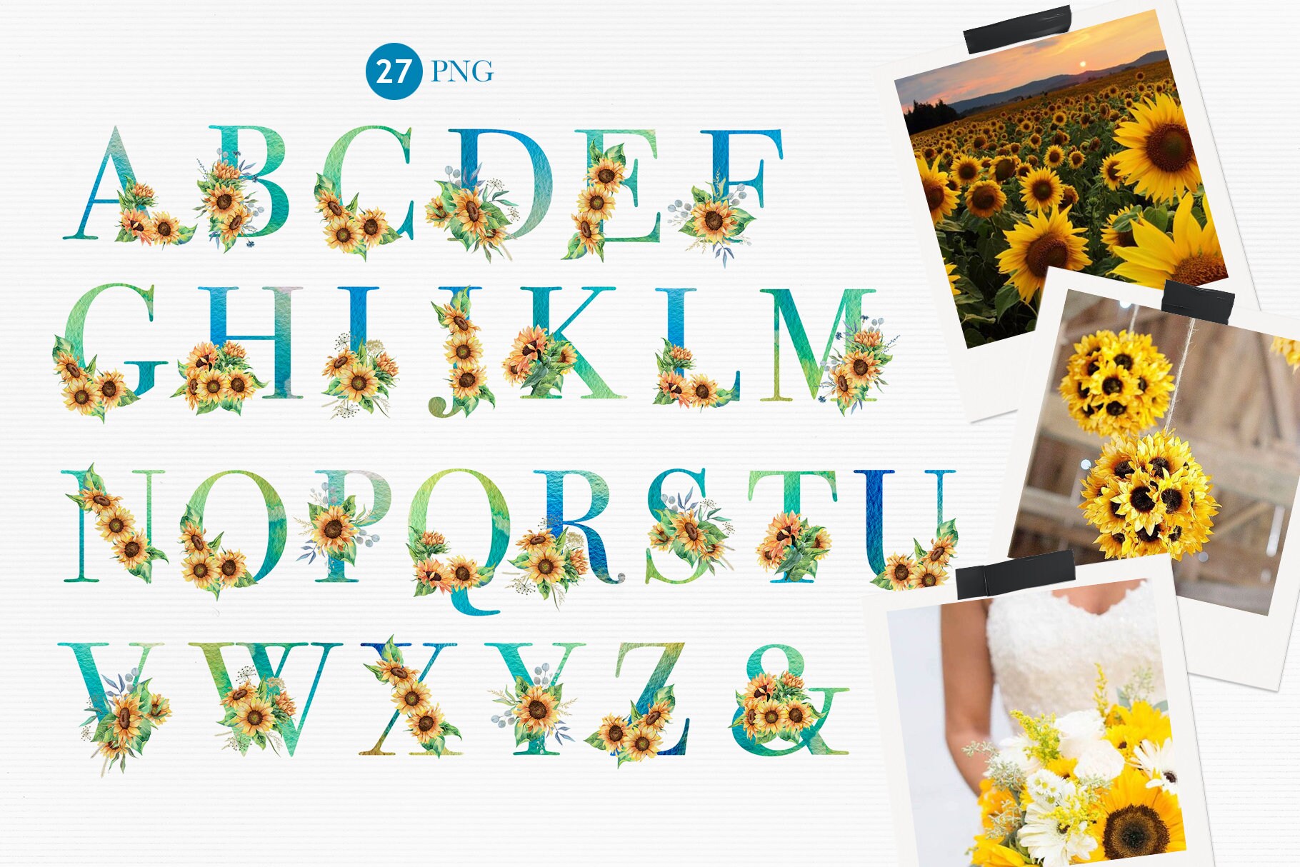 Sunflowers Alphabet Clip Art Watercolor Floral Letters Wedding Clipart ...