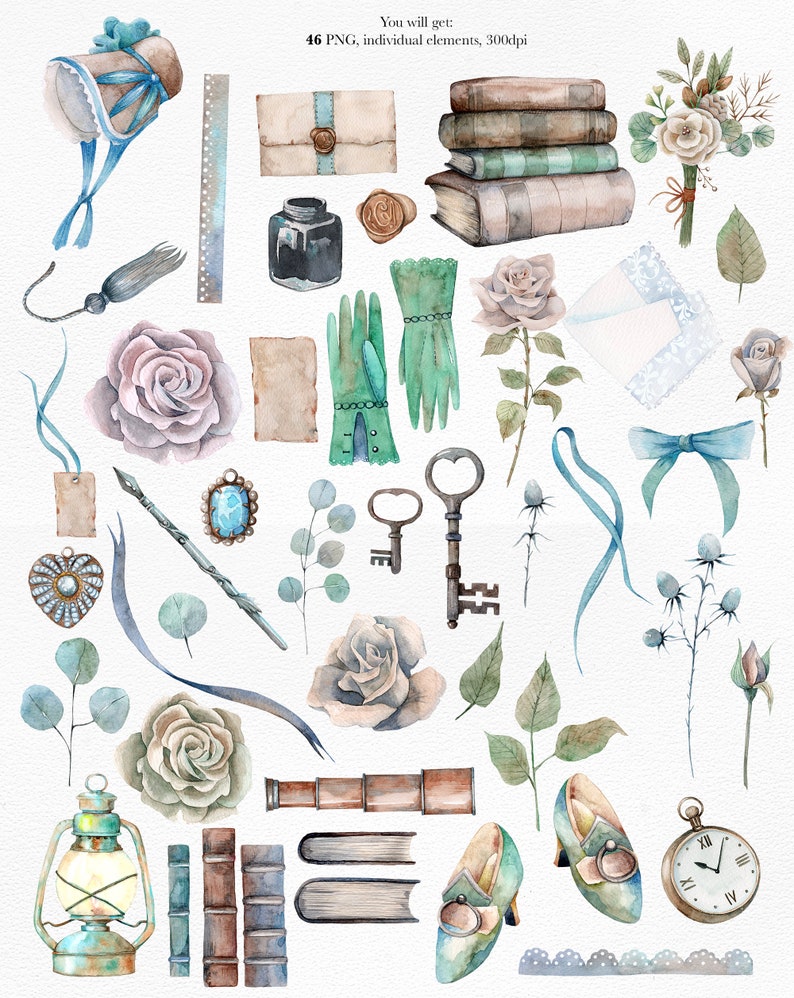 Romantic Age Watercolor Clipart, Vintage Valentine, Antique Keys (PNG ...