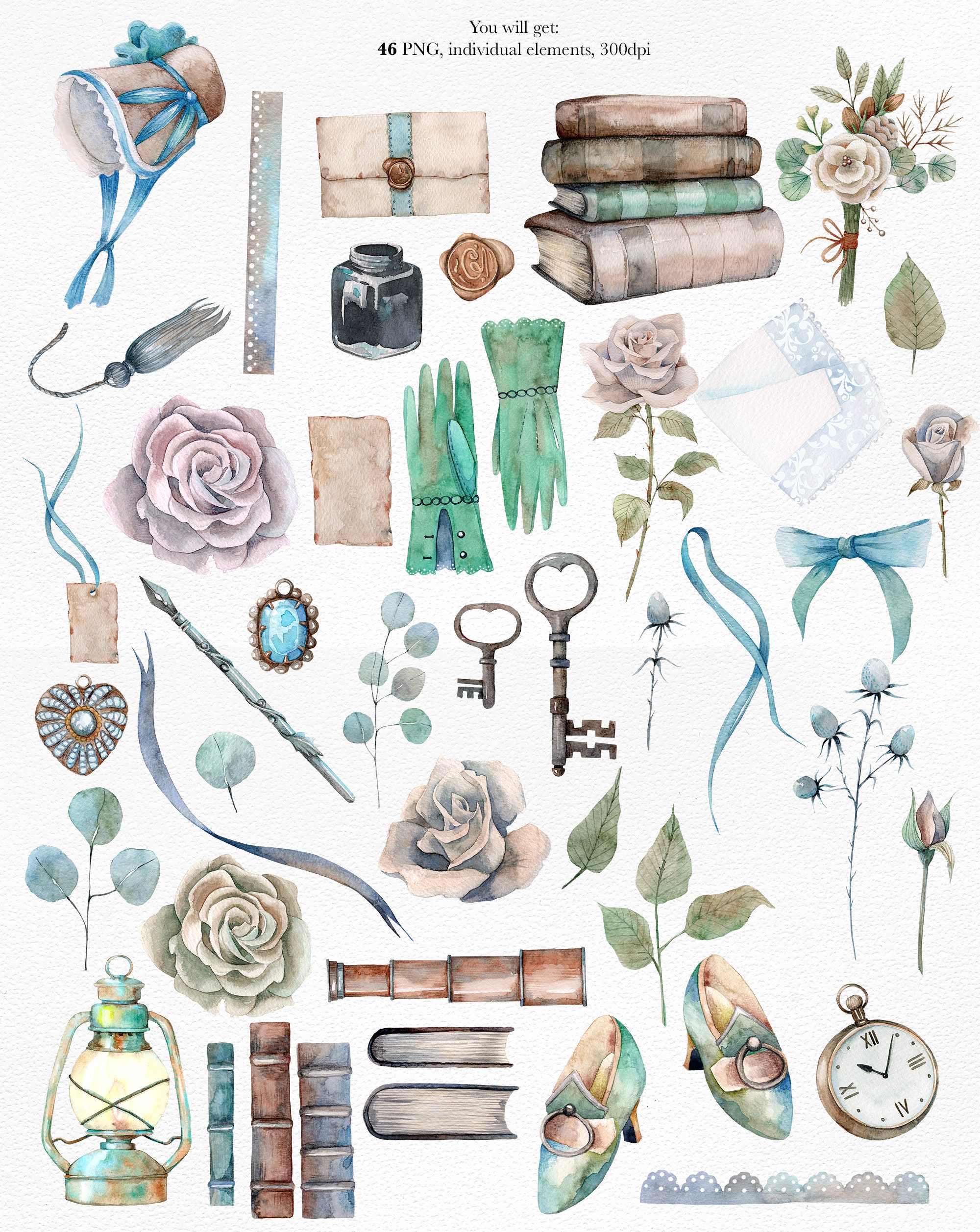 Romantic Age Watercolor Clipart, Vintage Watercolor, Antique Watercolor ...