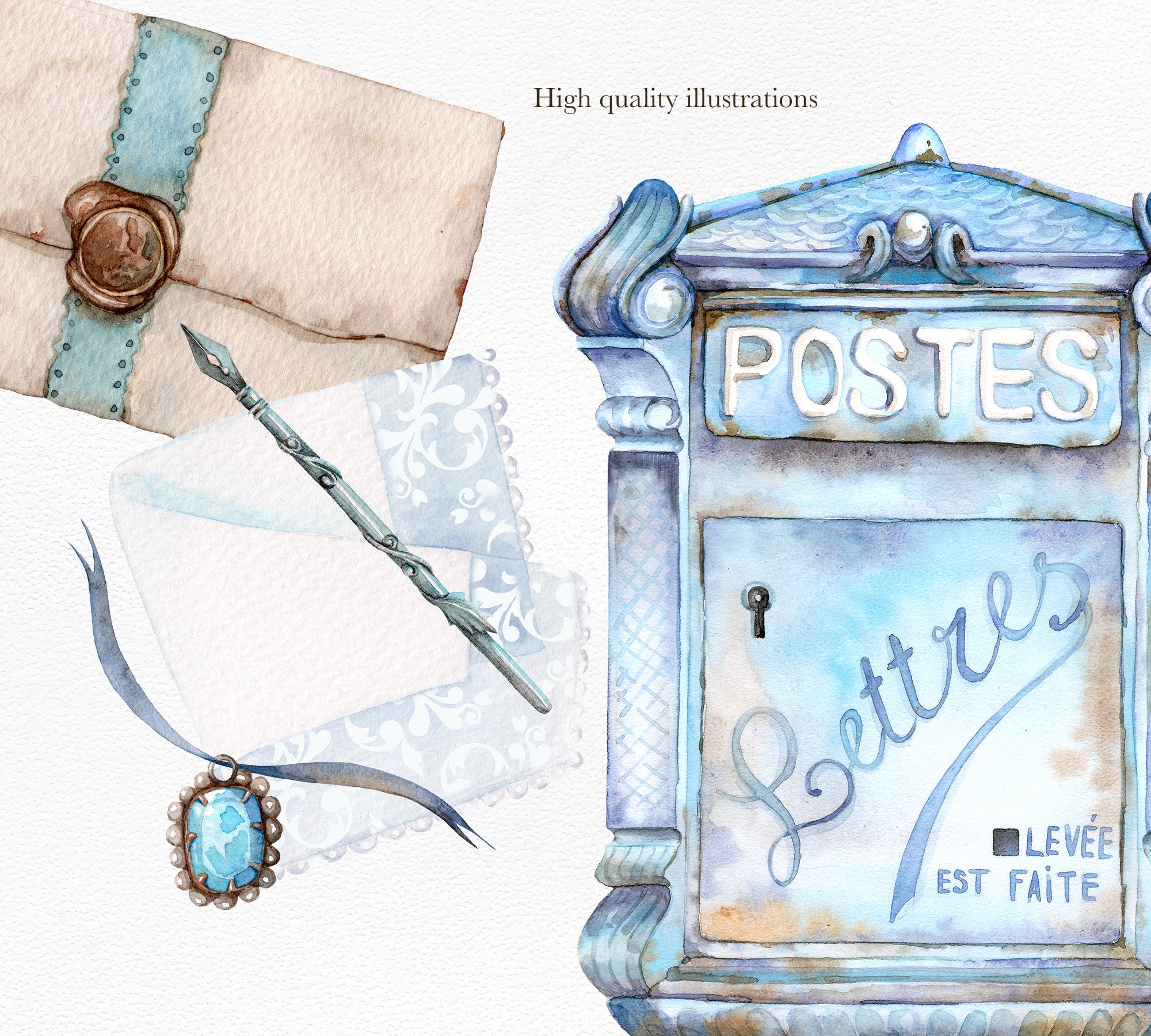Watercolor Post Office Clip Art, Vintage Mailbox Clipart, Letter, Stamp ...