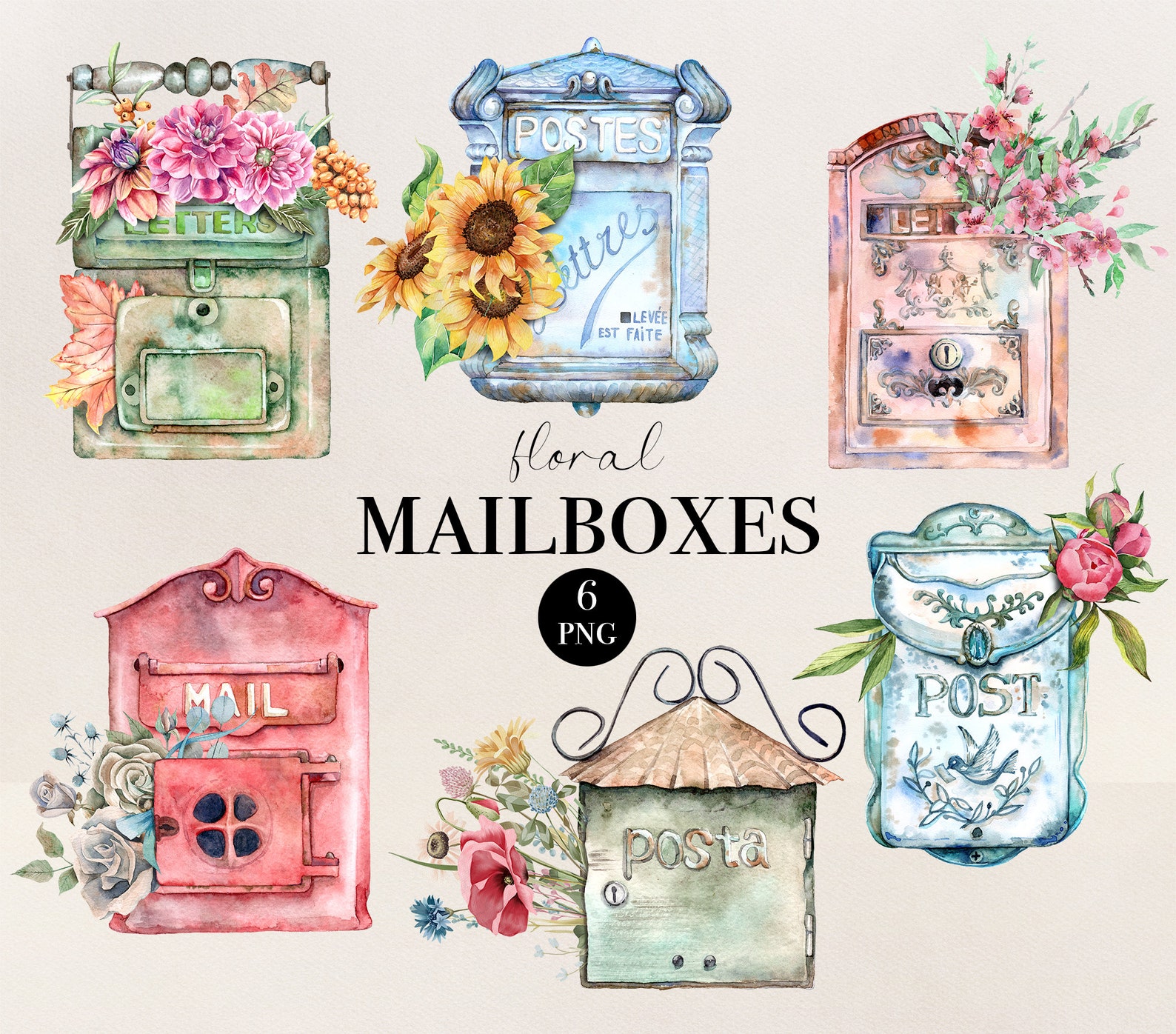 Watercolor Mailboxes Clip Art, Postal Vintage Letter Box With ...