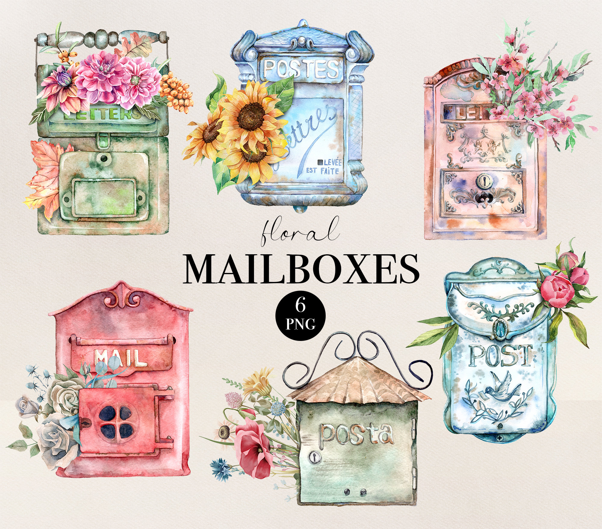 Watercolor Mailboxes Clip Art, Postal Vintage Letter Box With ...