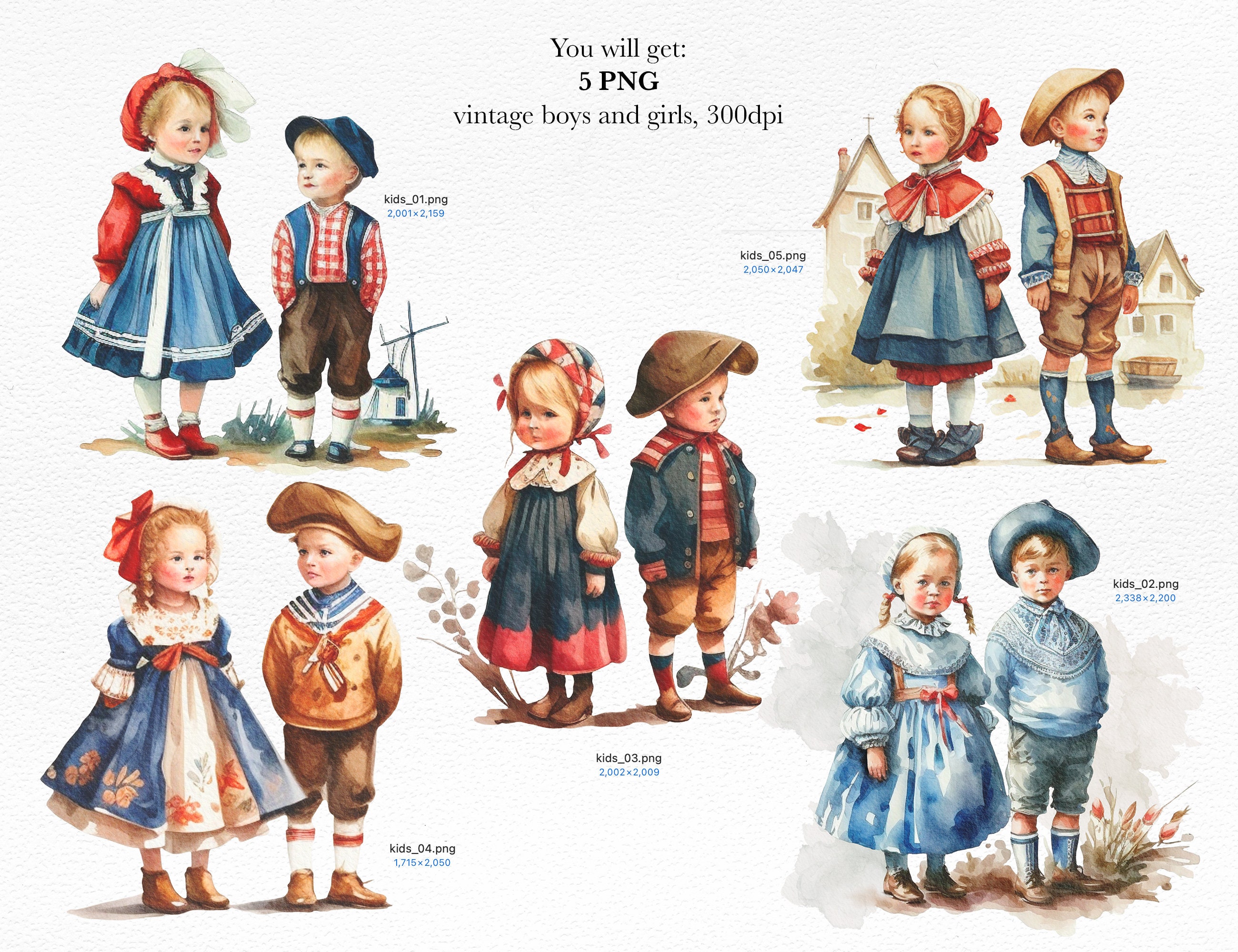 Dutch Vintage Kids Watercolor Clipart Delft Blue Clipart Amsterdam ...