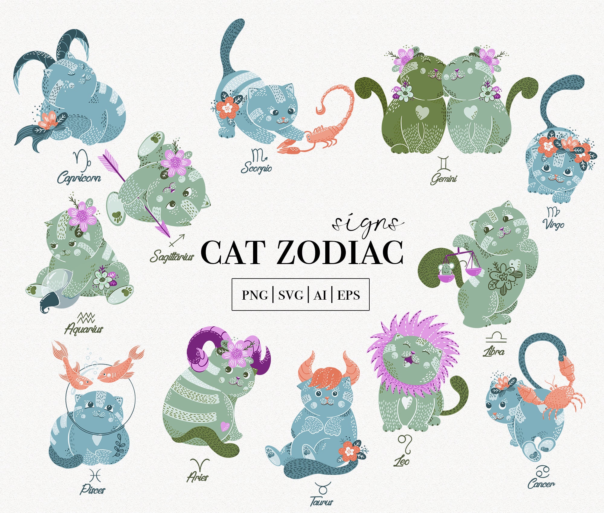 12 Cat Zodiac Signs Clipart, Cute Animal Horoscope, Astrology ...