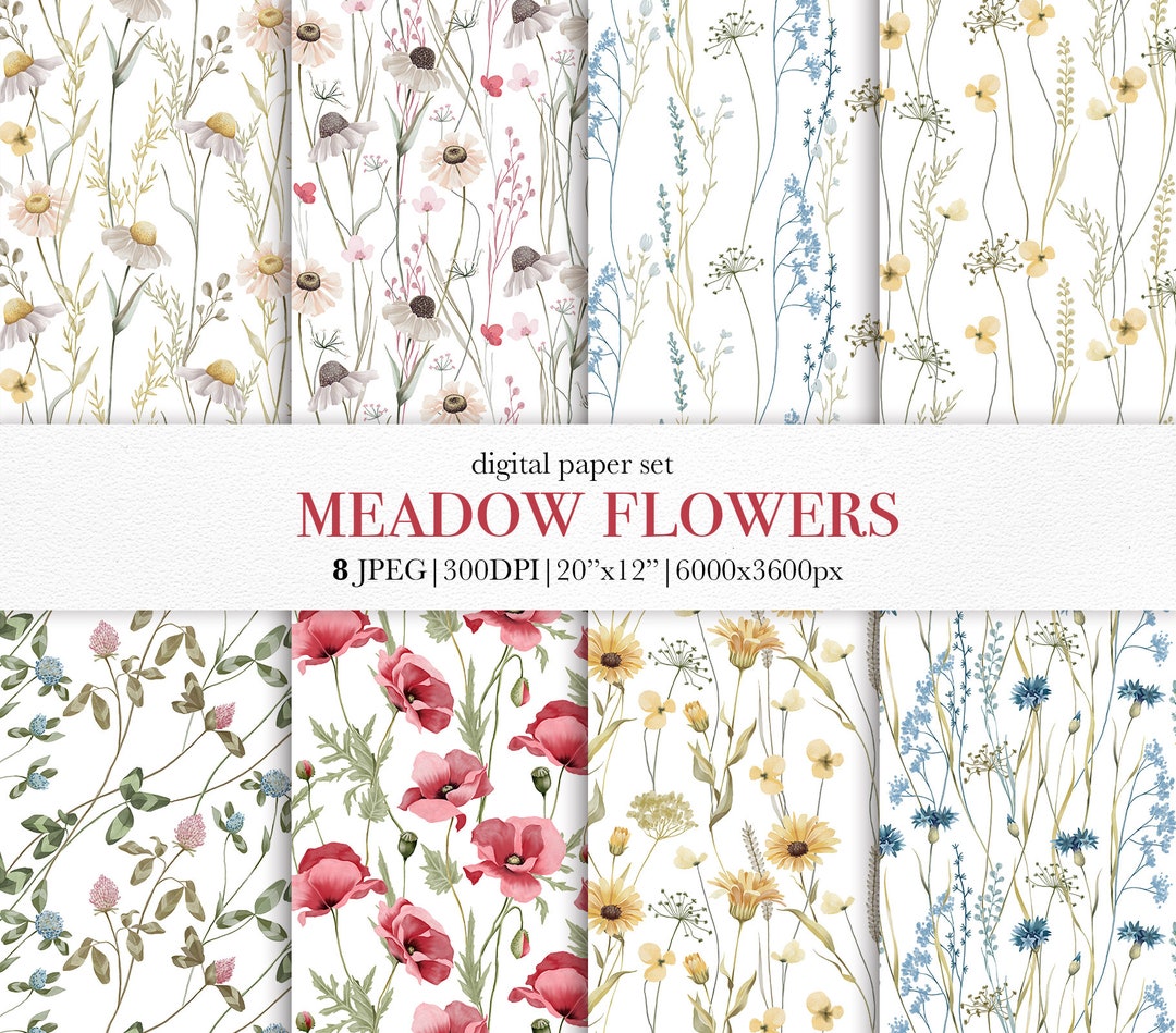 Meadow Flowers Paper Set, Wildflower Digital Paper, Spring Floral ...