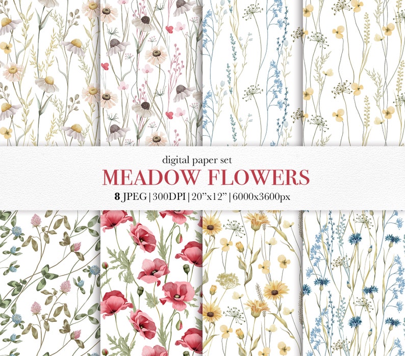 Wildflower Digital Paper Set, Meadow Floral, Botanical Prints (digital ...