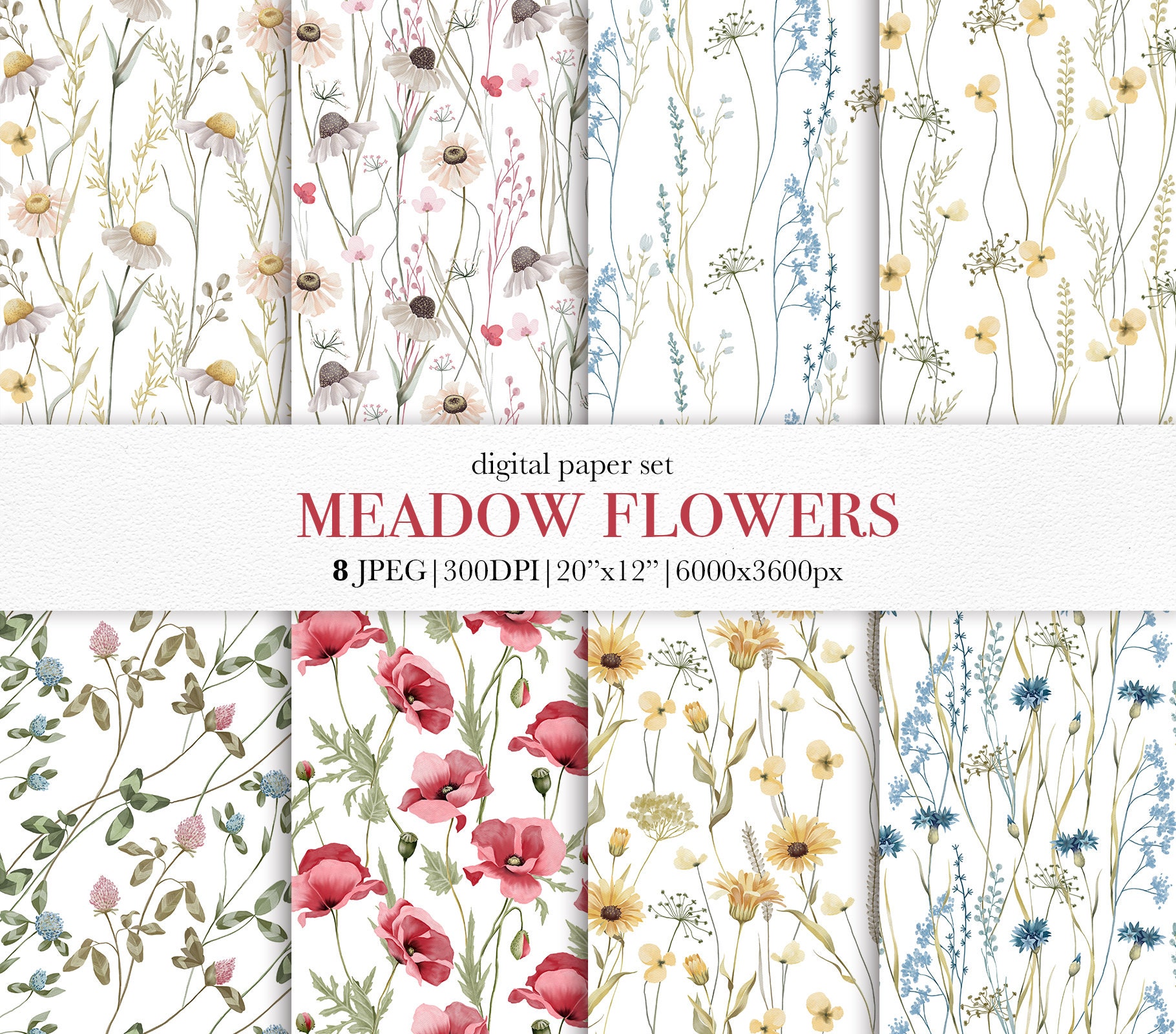 Meadow Flowers Paper Set, Wildflower Digital Paper, Spring Floral ...