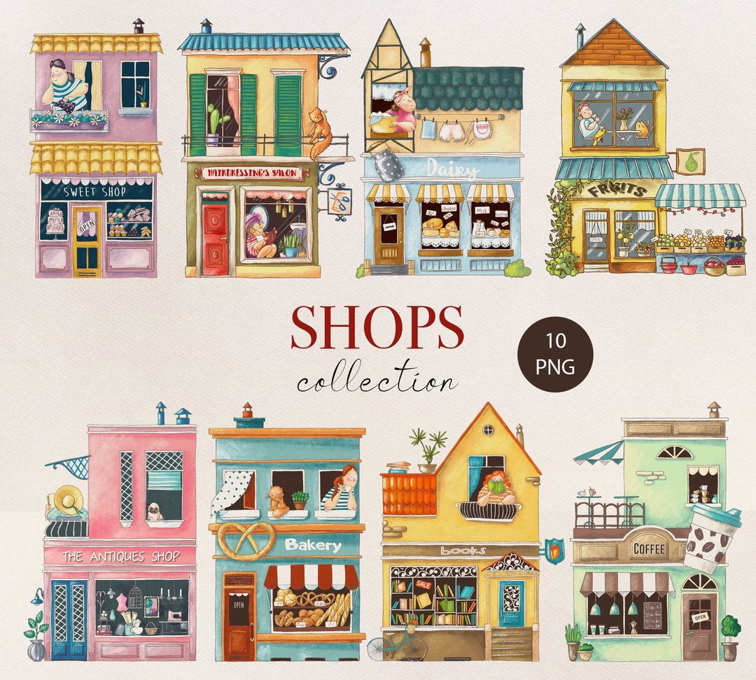 City Shops Clipart Bundle – Watercolor Town Graphics (PNG) - Etsy