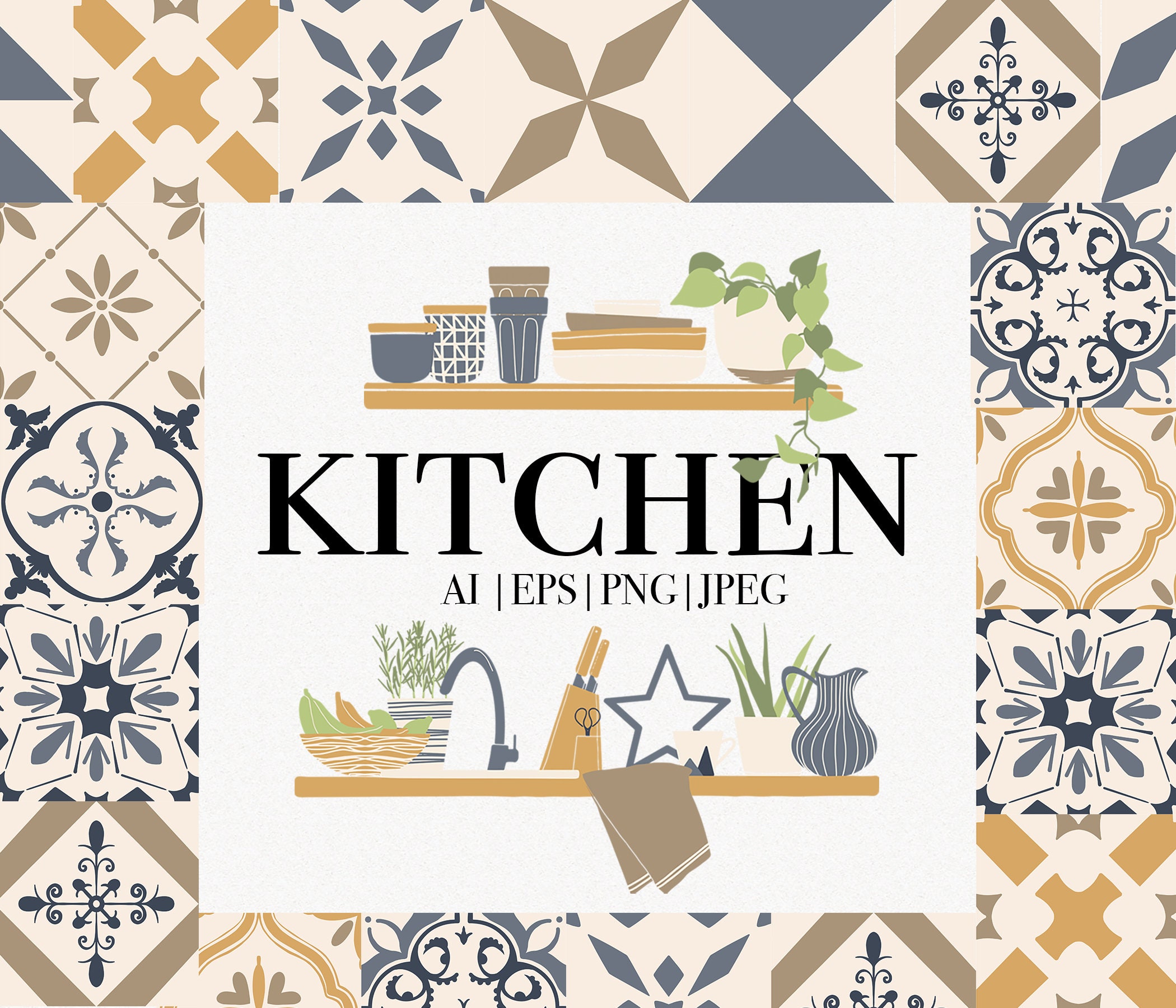 Vector Kitchen Clipart, Pre-made Kitchen Scenes Design, Furniture ...