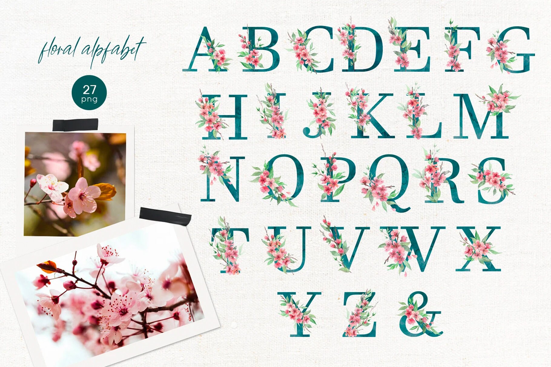 Cherry Blossom Alphabet Clipart Watercolor Floral Letters Wedding ...