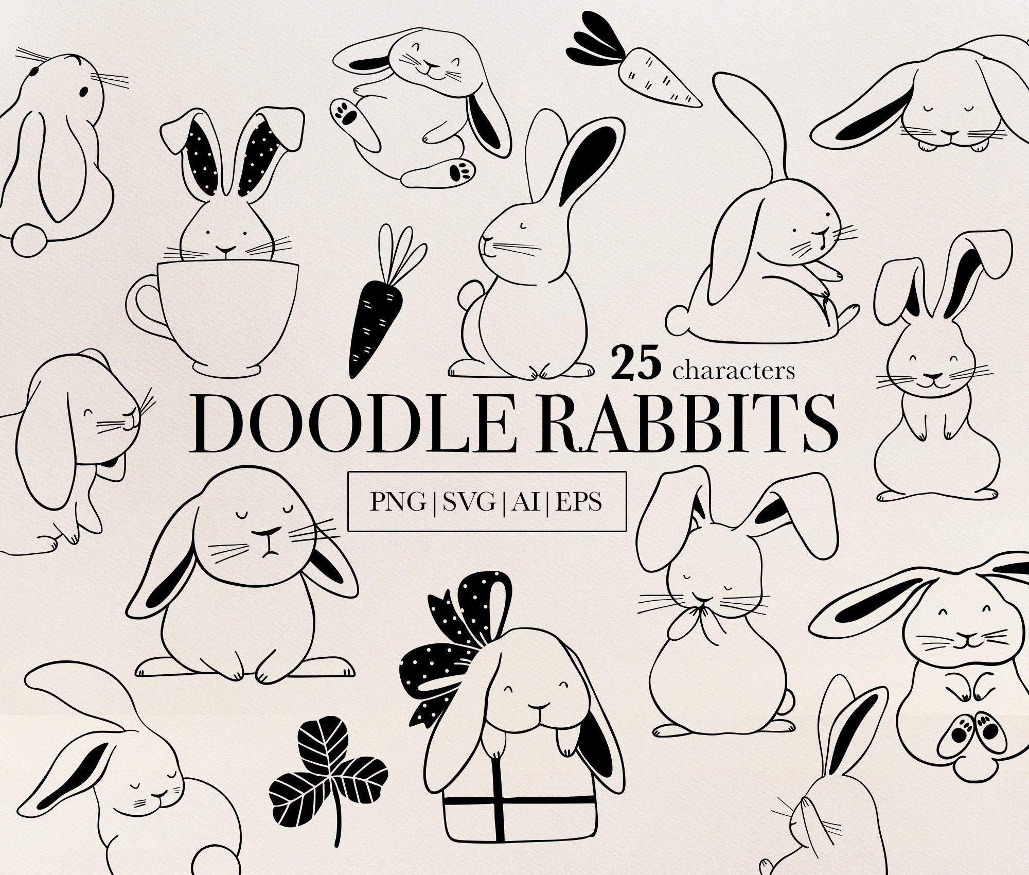 Cute Rabbit Clipart, Outline Easter Bunny Clipart, Doodle Easter ...