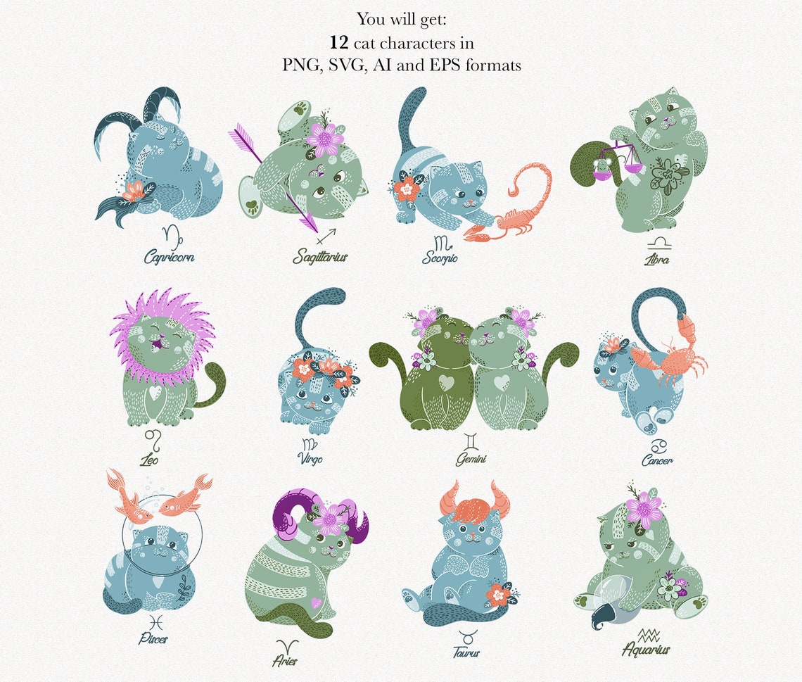 12 Cat Zodiac Signs Clipart, Cute Animal Horoscope, Astrology ...