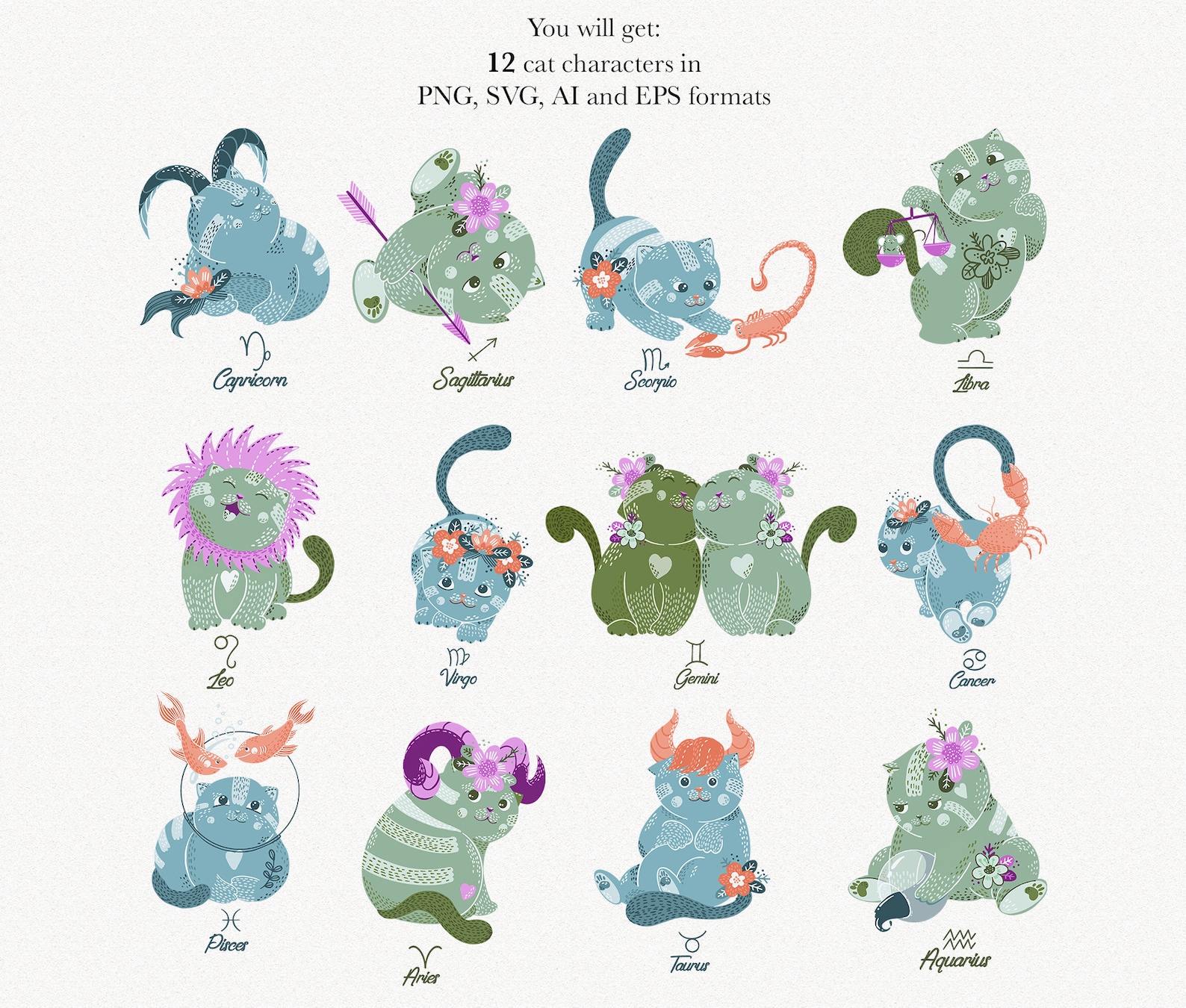 12 Cat Zodiac Signs Clipart, Cute Animal Horoscope, Astrology ...