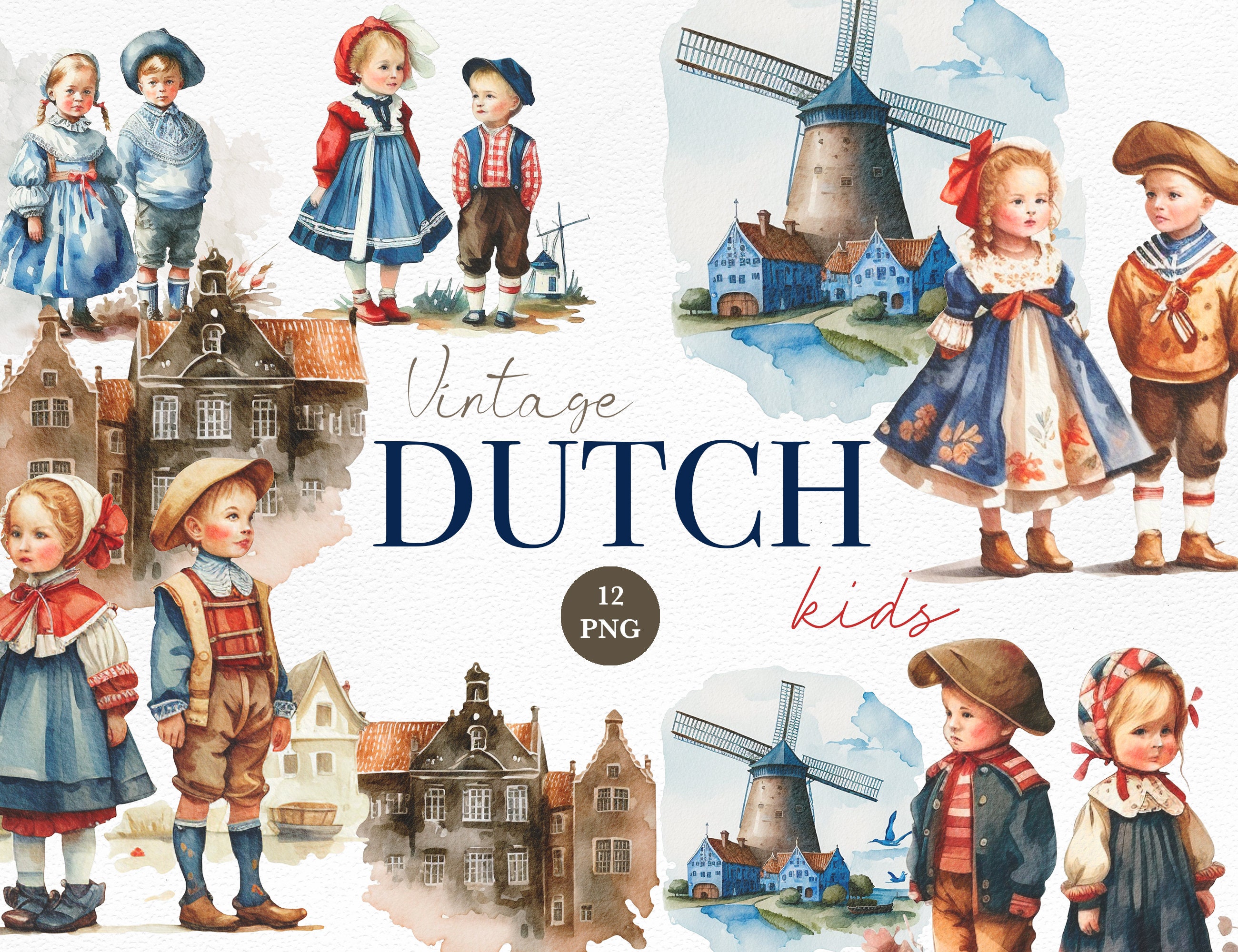 Dutch Vintage Kids Watercolor Clipart Delft Blue Clipart Amsterdam ...