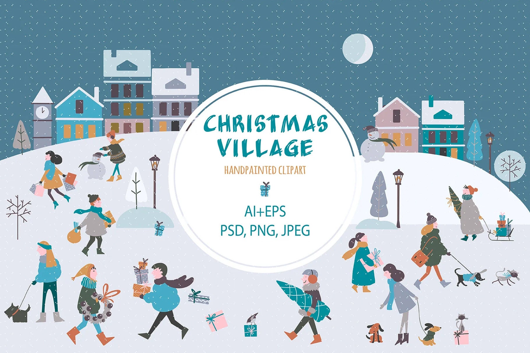 Vector Christmas Village Clipart Winter Activities People Holiday Clip ...