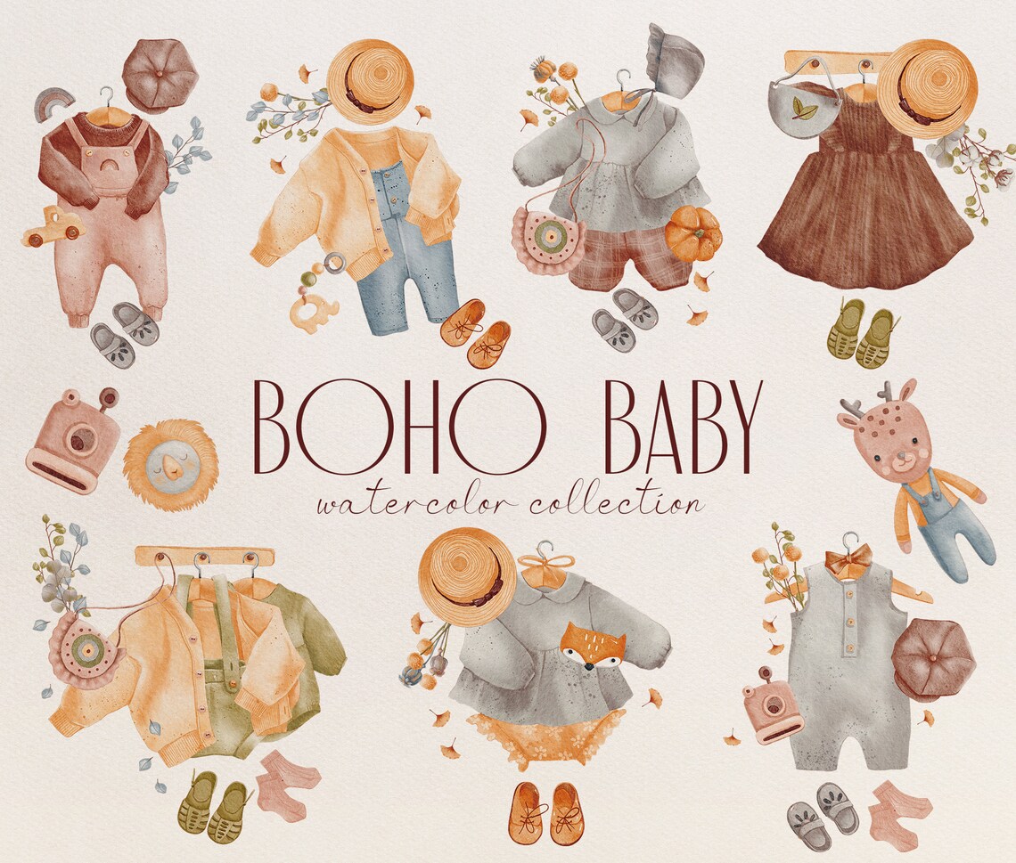 Watercolor Boho Baby Clipart, Vintage Apparel & Toys (digital Download ...