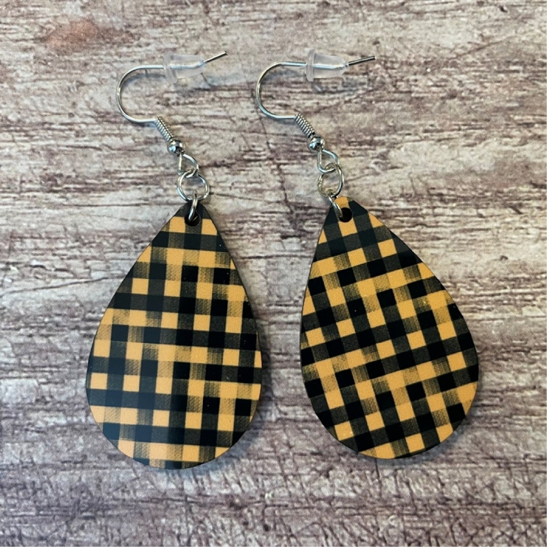 Yellow and Black Plaid Teardrop MDF Earrings - Etsy